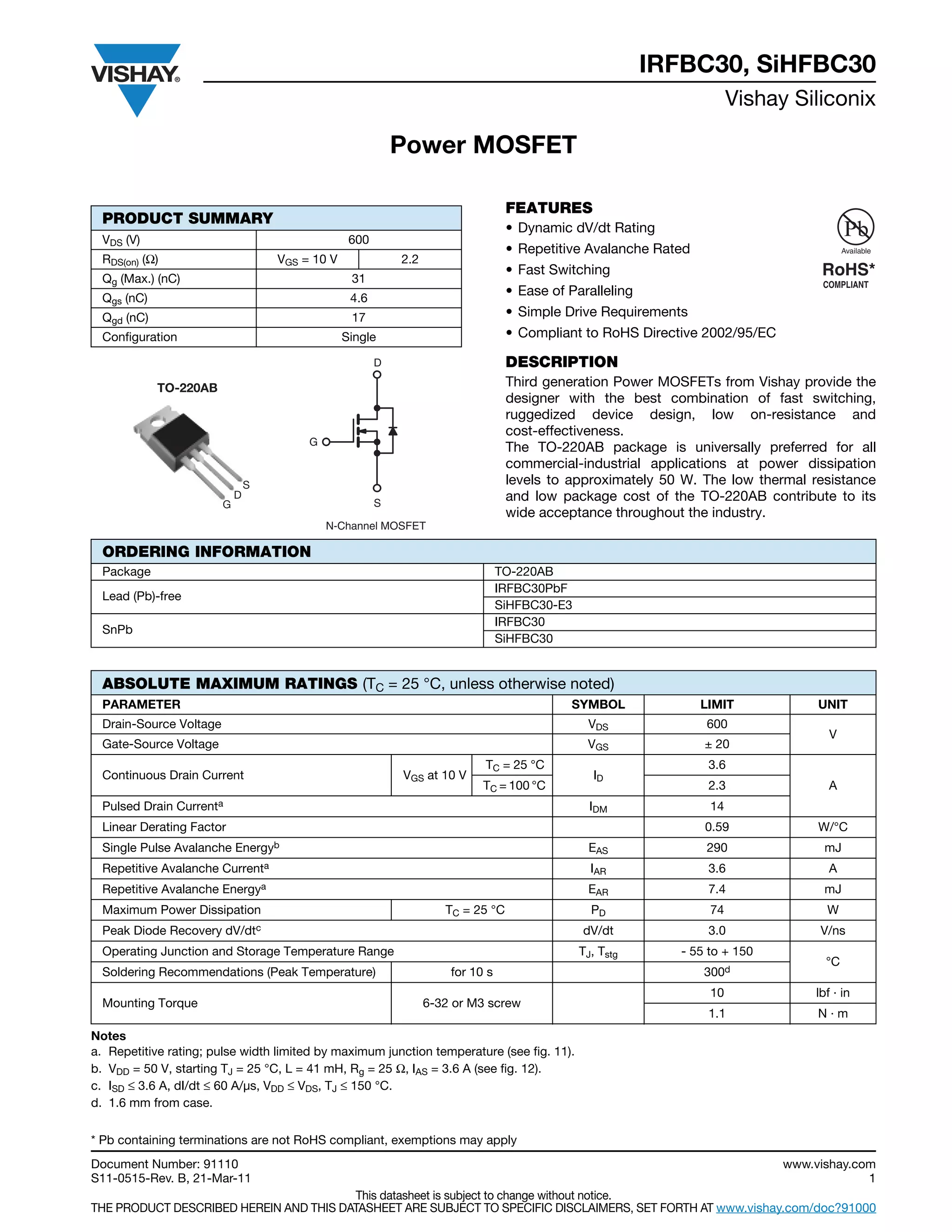 Original N-Chanel Mosfet IRFBC30 IRFBC 600v 3.6A TO-220 New STMicroelectronics | PDF