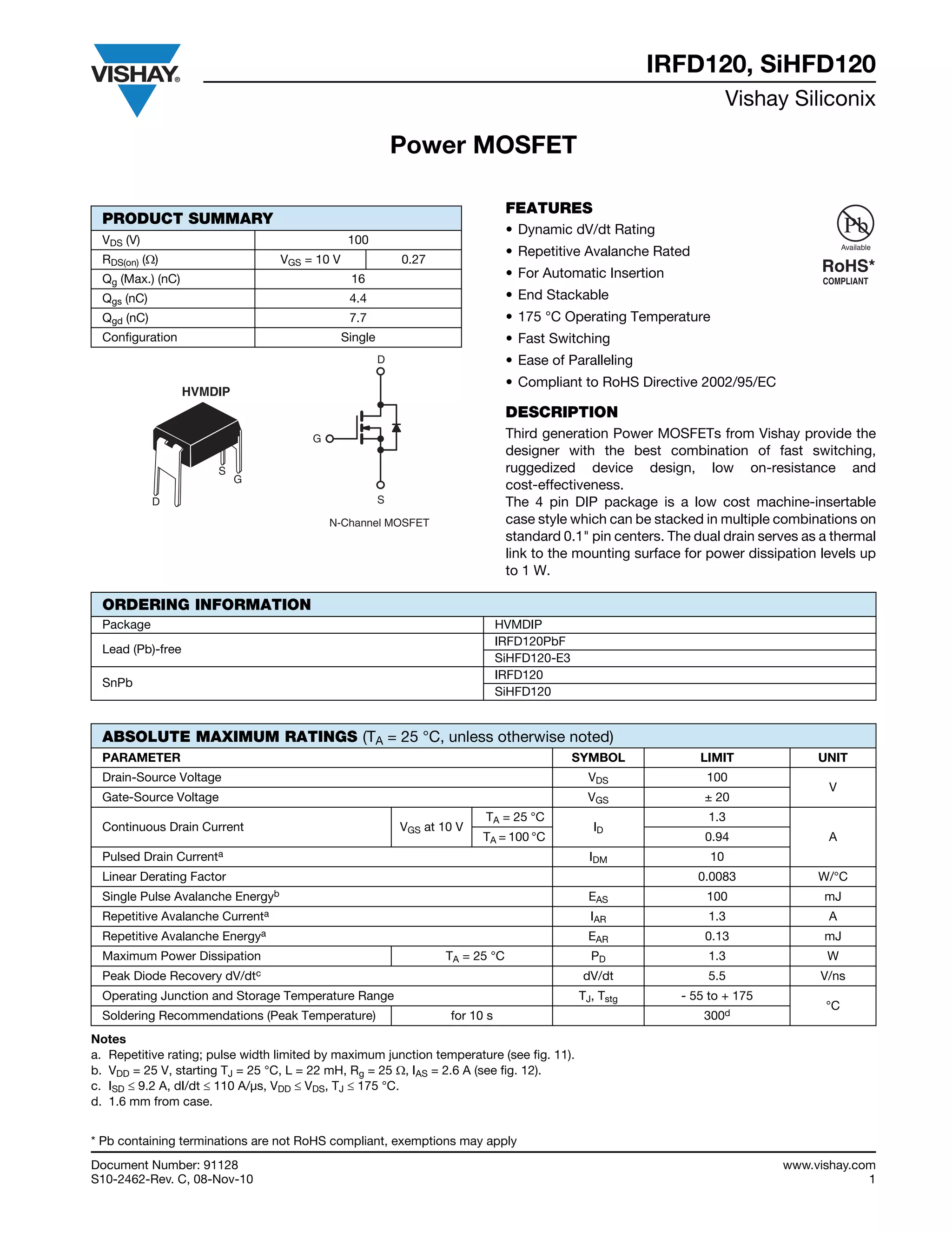 Original N-Channel Mosfet IRFD120PBF 120 100V 1.3A DIP-4 New Vishay Siliconix | PDF | Consumer ...