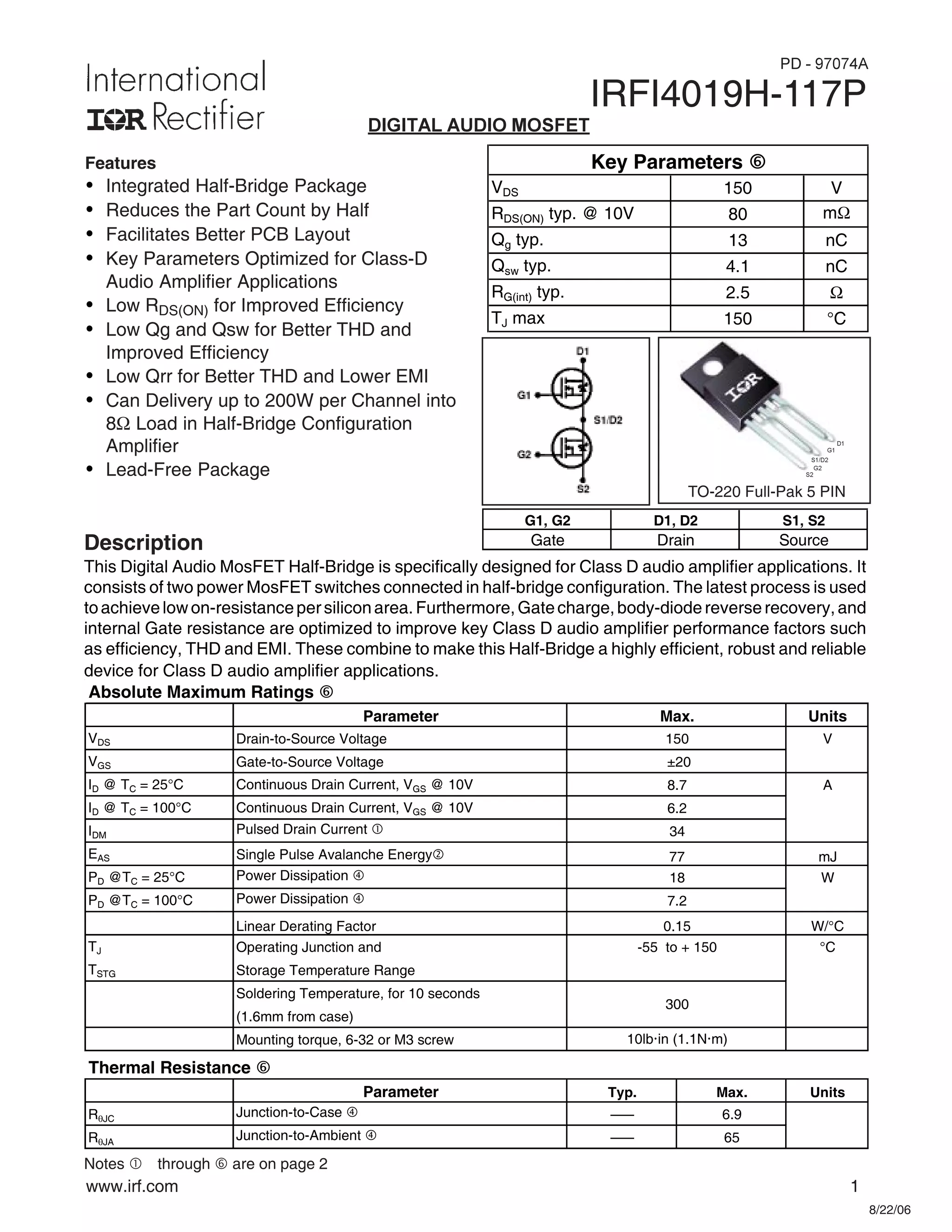 Original N-Channel Mosfet IRFI4019H-117P 4019 8A 150V TO-220 New | PDF