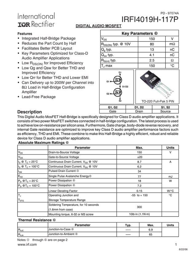Original N-Channel Mosfet IRFI4019H-117P 4019 8A 150V TO-220 New | PDF