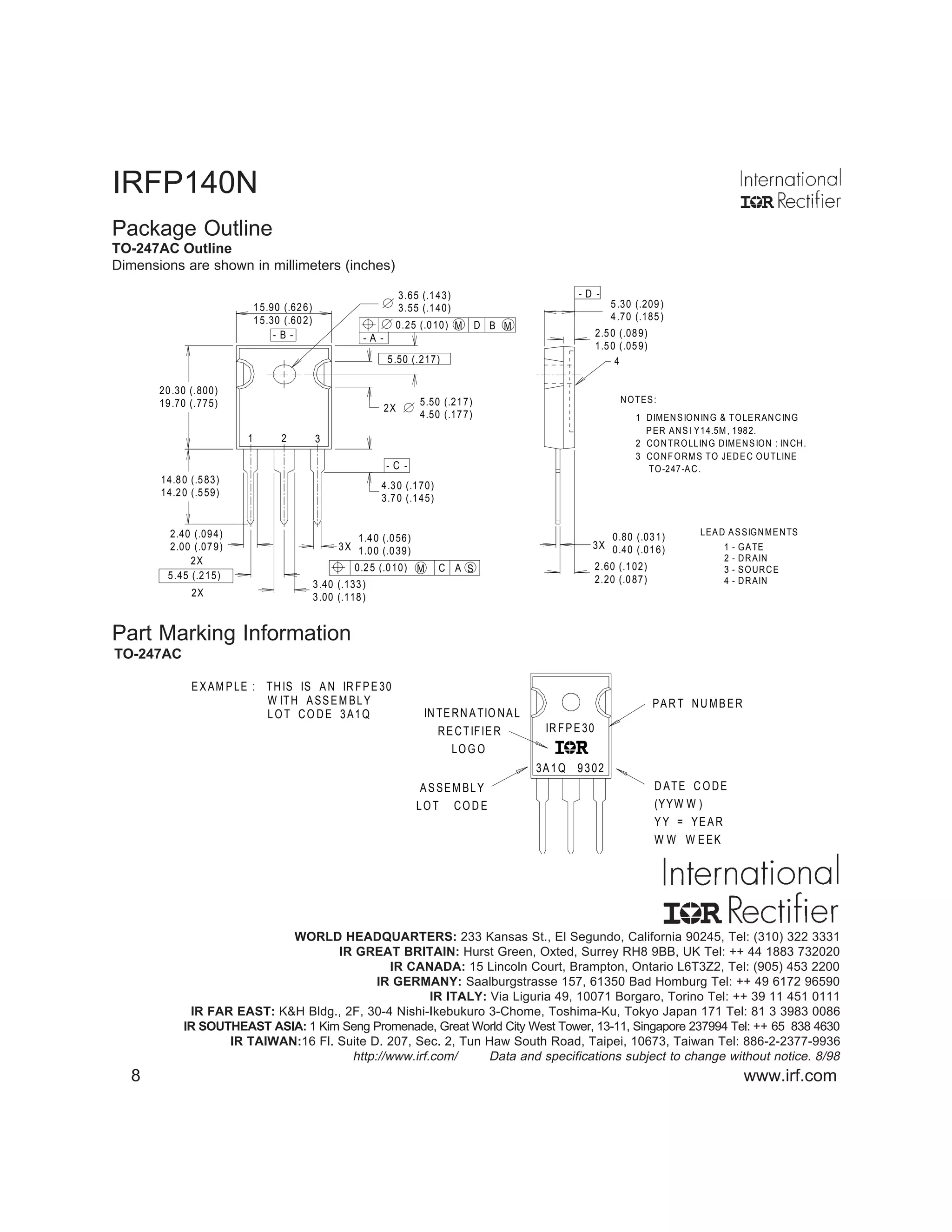 Original Power MOSFET IRFP140PBF IRFP140 IRFP140N 100V 33A TO-247 New International Rectifier | PDF