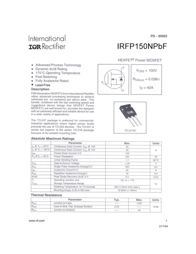 Original Power MOSFET IRFP150NPBF IRFP150N IRFP150 150N 100V 42A TO-247 New International ...