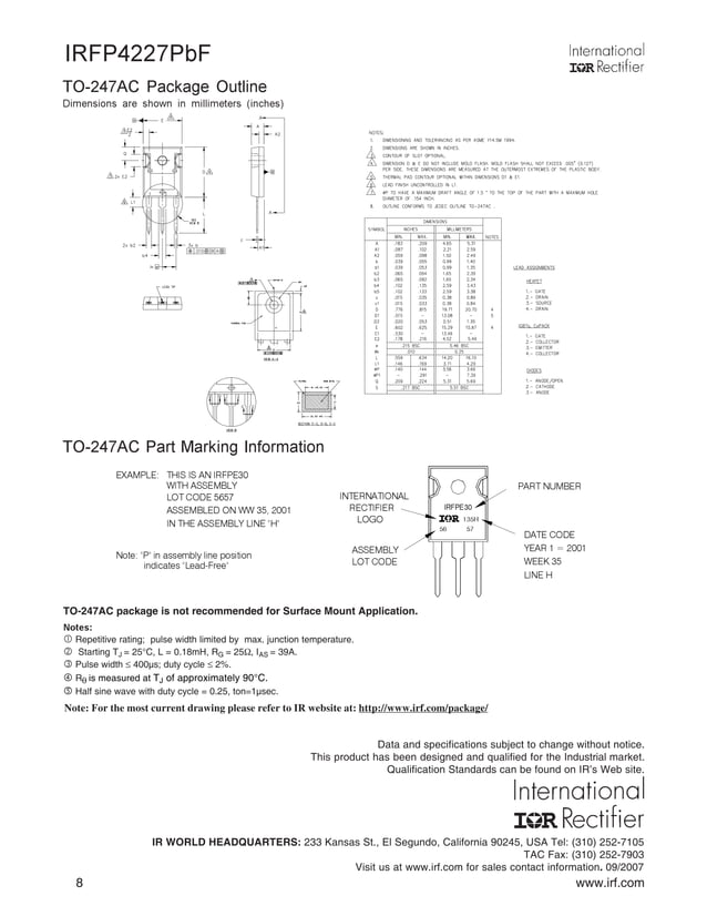 Original N-CHANNEL MOSFET IRFP4227PBF IRFP4227 IRF4227 4227 200V 65A TO ...