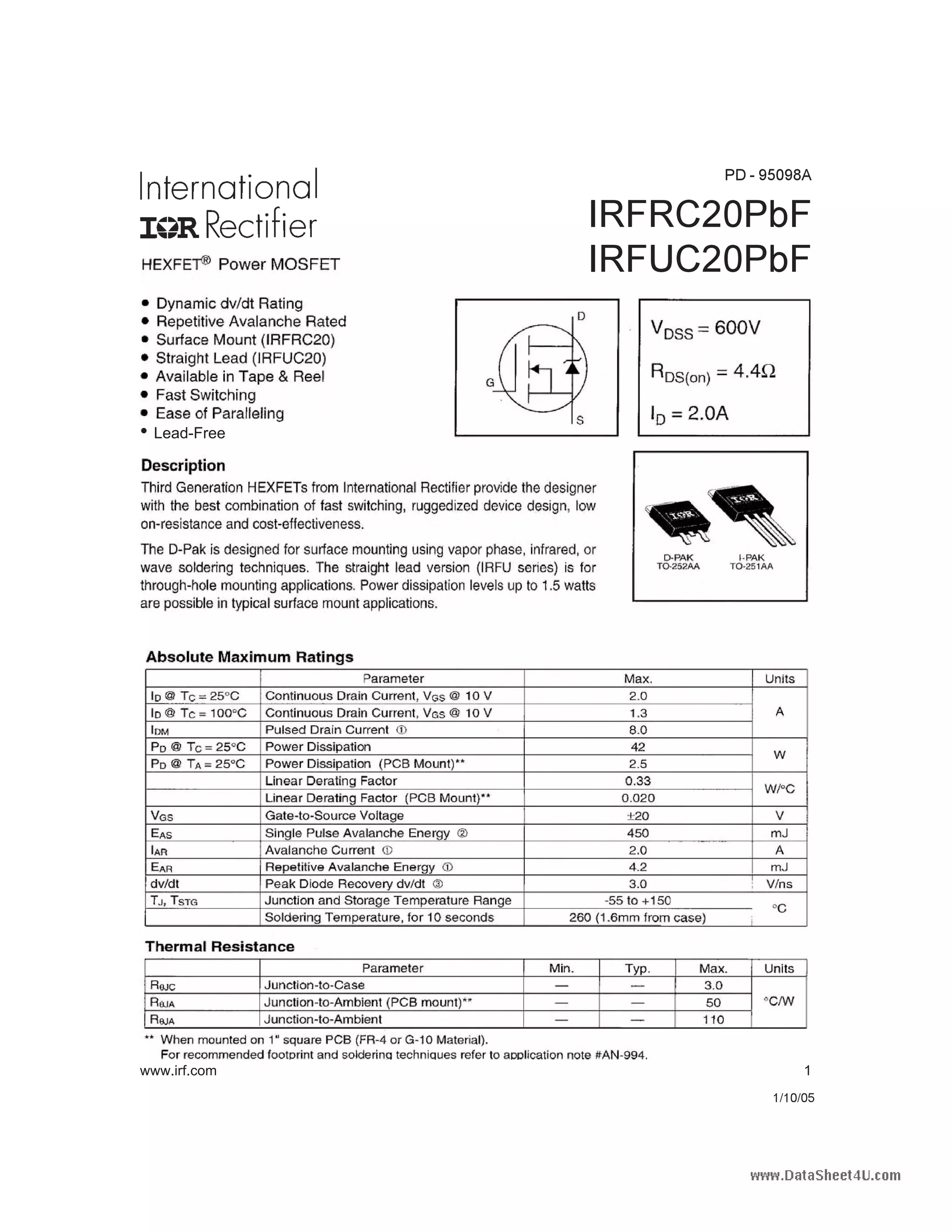 Original N-Channel Mosfet IRFUC20PBF FUC20 600V 2A TO-251 New | PDF
