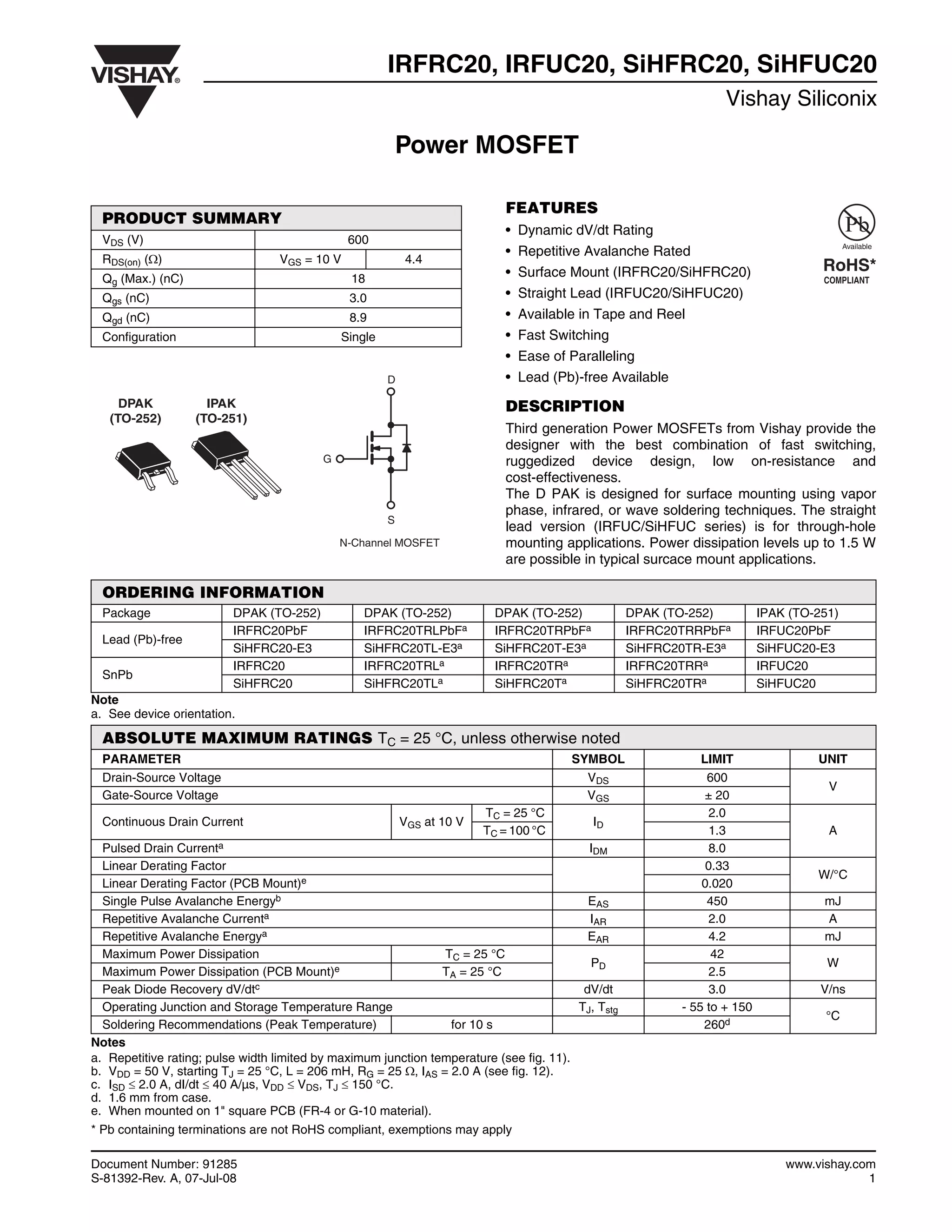 Original N-Channel Mosfet IRFUC20PBF 600V 2A TO-251 New Vishay | PDF