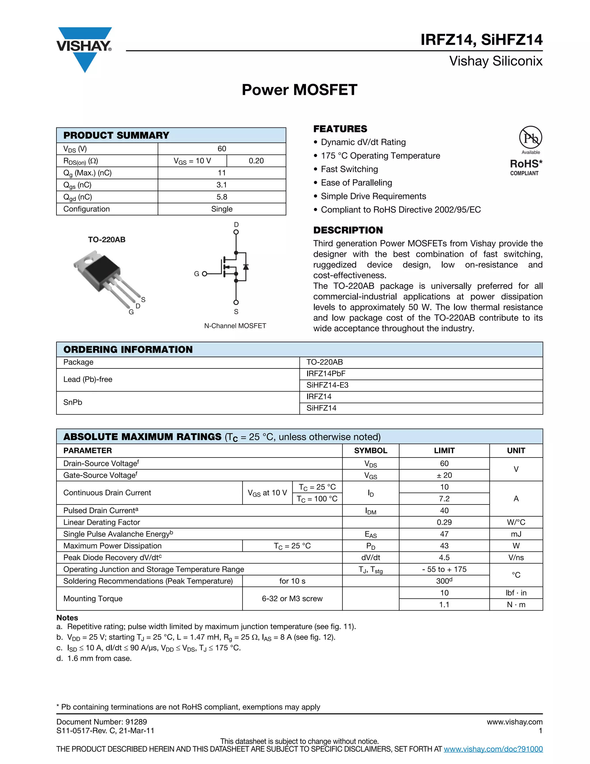 Original N-Channel Mosfet IRFZ14PBF TO-220 New Vishay Semiconductors ...