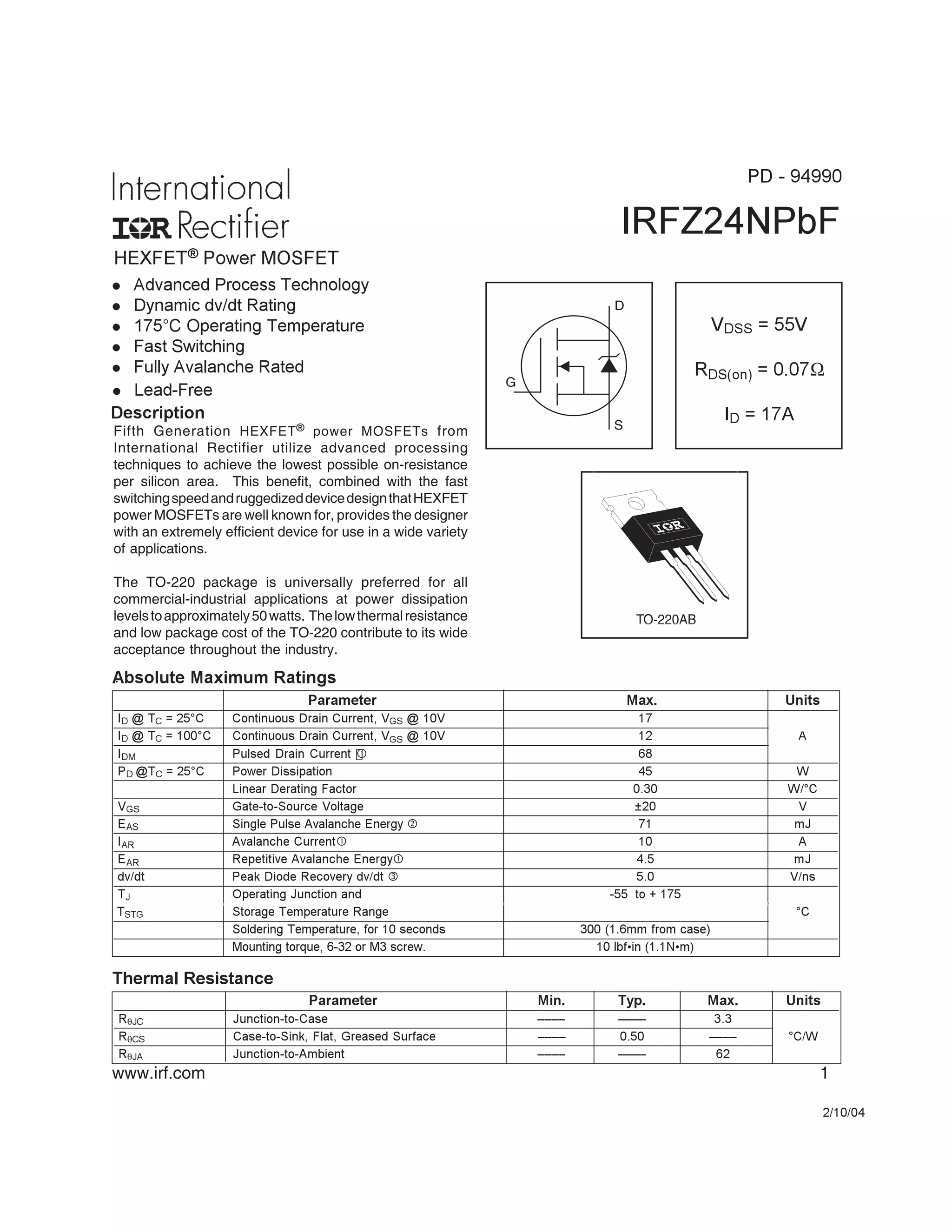Original N-Channel Mosfet IRFZ24N IRFZ24 TO-220 New Infineon Technologies | PDF