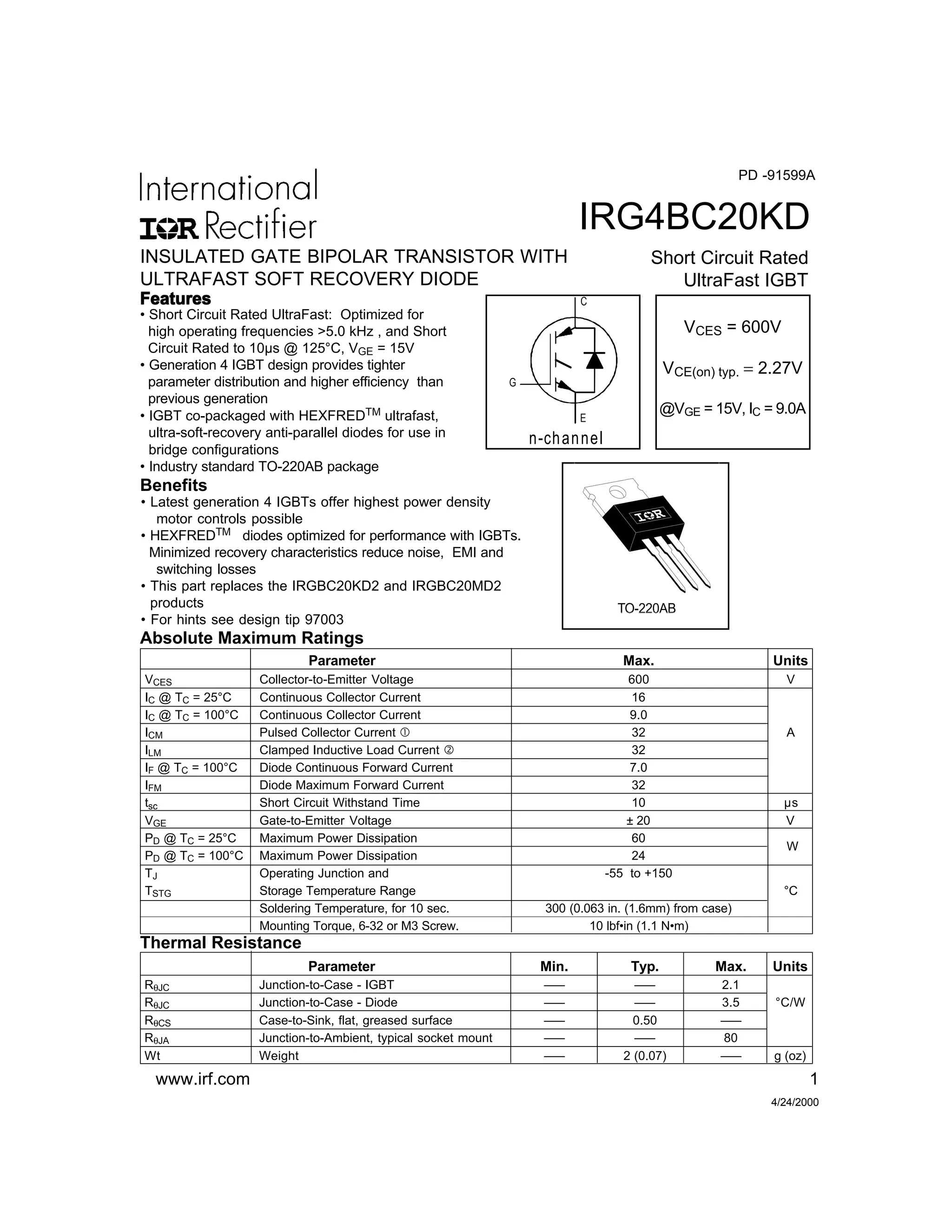 Original IGBT IRG4BC20KD G4BC20KD 600V 9A TO-220 New | PDF