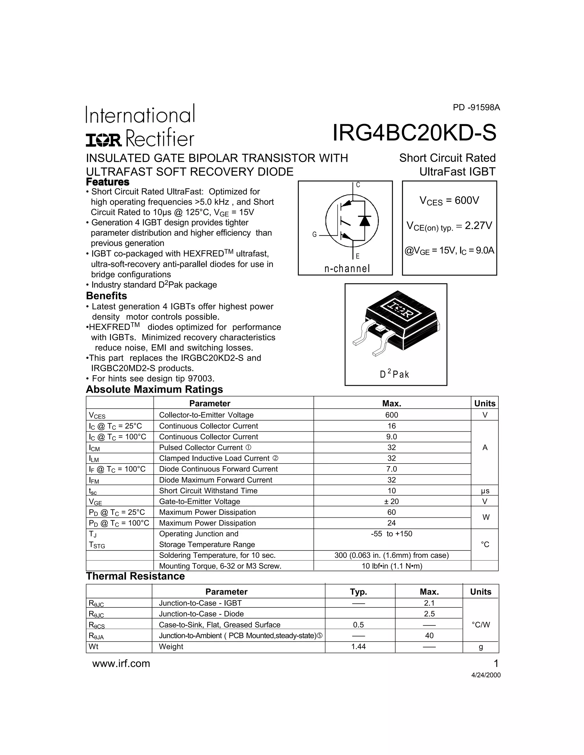 Original IGBT IRG4BC20KD-S G4BC20KD 600V 9A TO-263 New | PDF