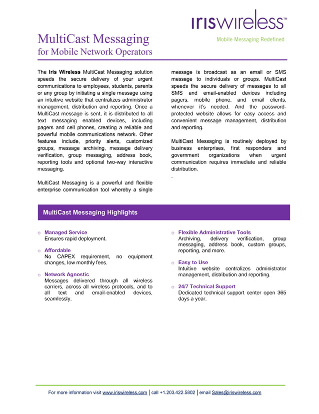 Iris wireless multi cast messaging sales sheet final_110910 | PDF