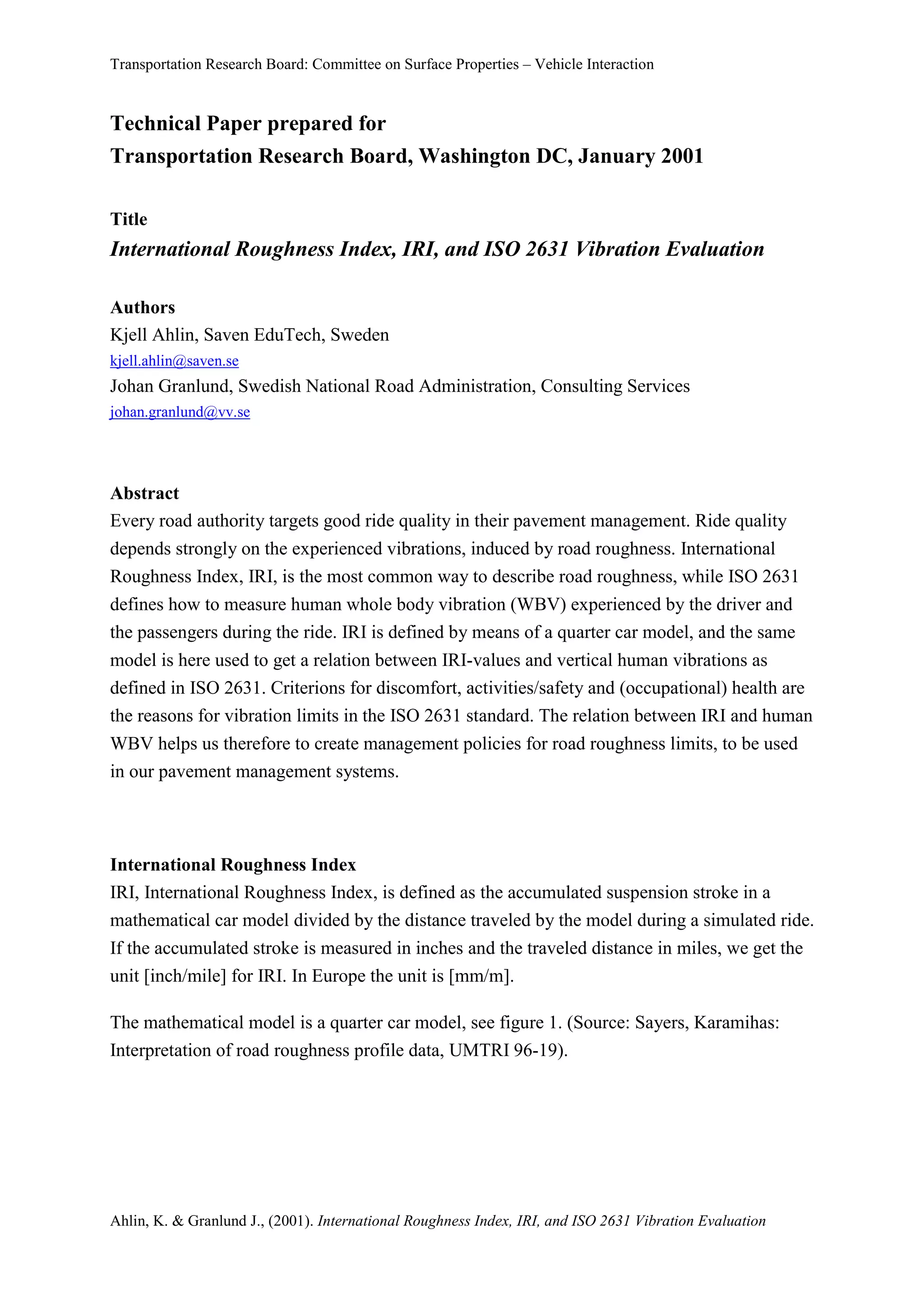 International Roughness Index, IRI, and ISO 2631 Vibration Evaluation | PDF