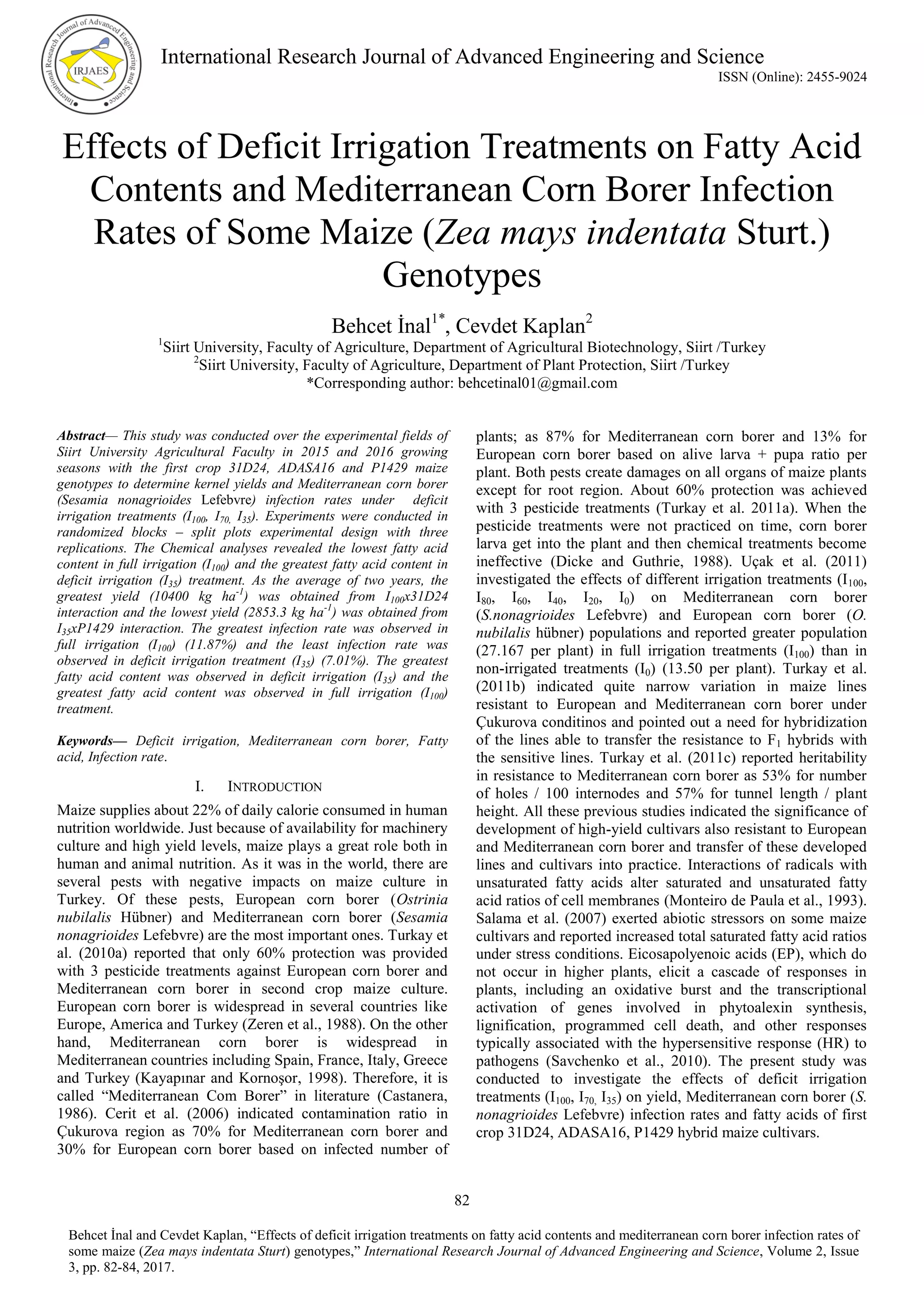 Effects of Deficit Irrigation Treatments on Fatty Acid Contents and ...