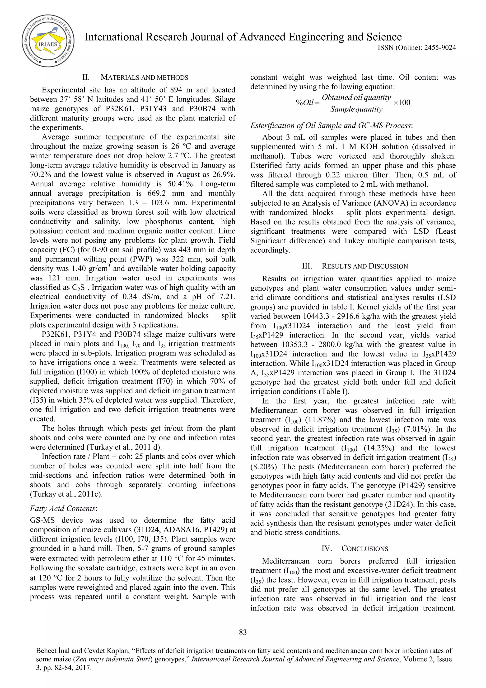 Effects of Deficit Irrigation Treatments on Fatty Acid Contents and ...