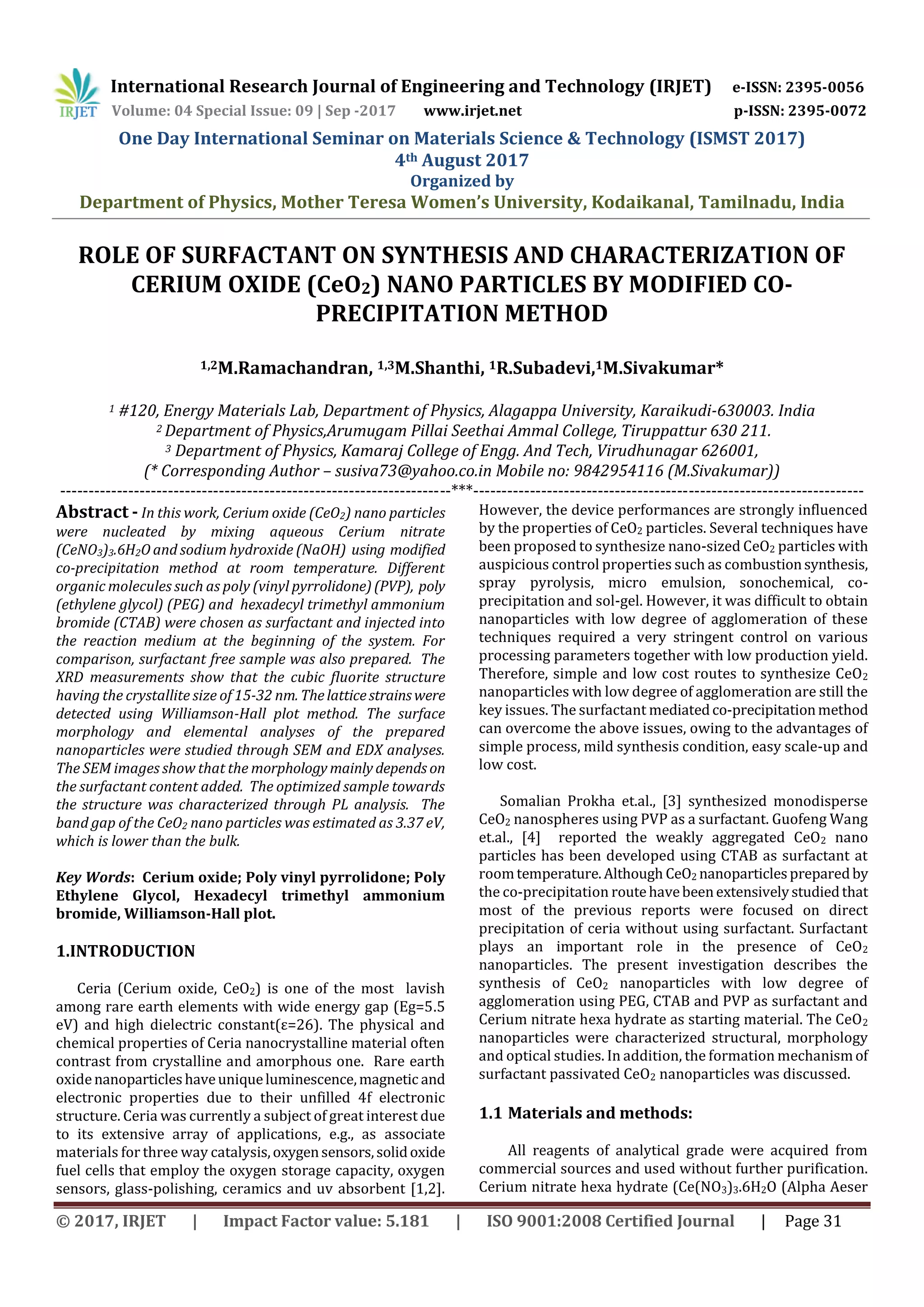 Role of Surfactant on Synthesis and Characterization of Cerium Oxide (CeO2) Nano Particles by ...