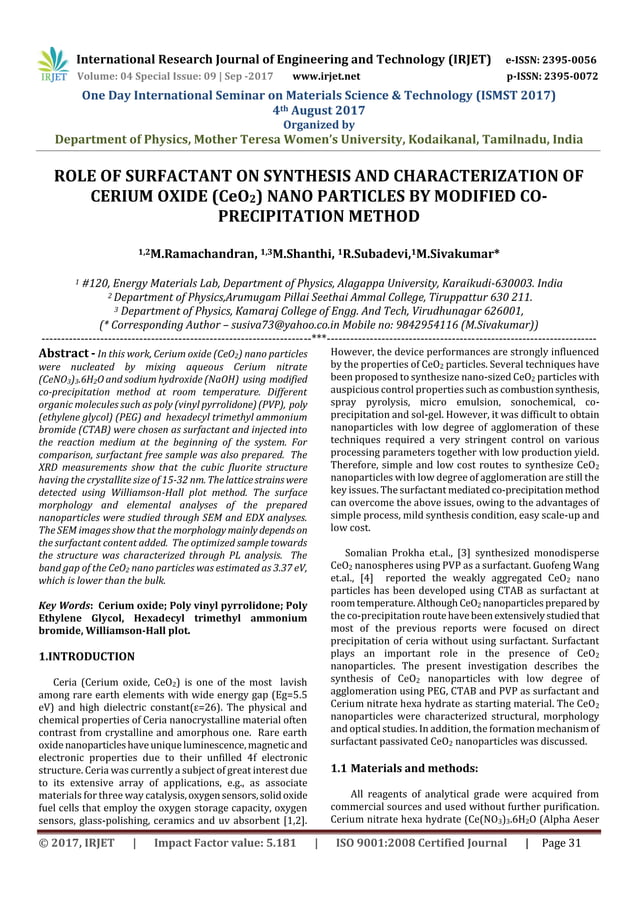 Role of Surfactant on Synthesis and Characterization of Cerium Oxide (CeO2) Nano Particles by ...