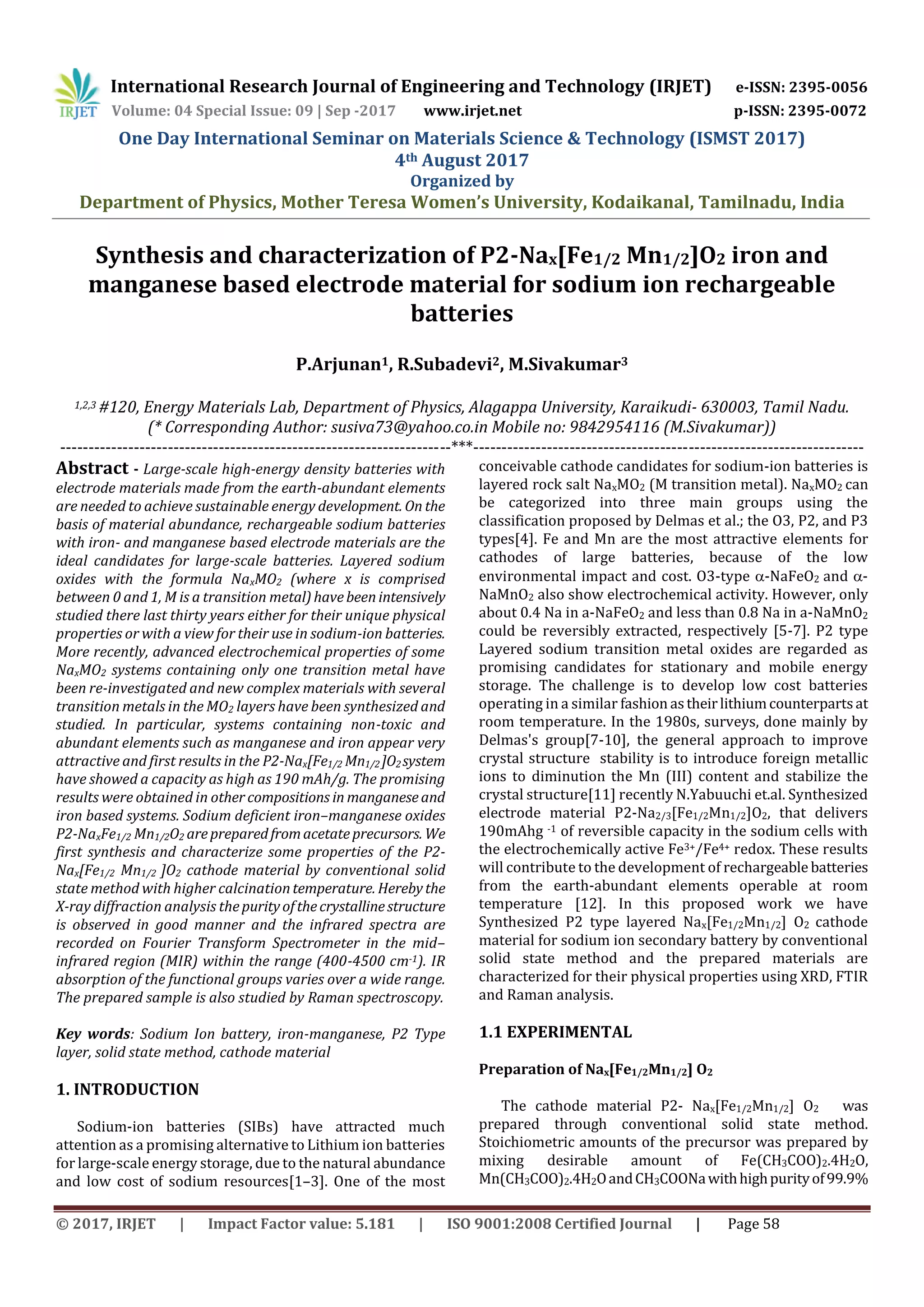 Synthesis and Characterization of P2-Nax[Fe1/2 Mn1/2]O2 Iron and ...