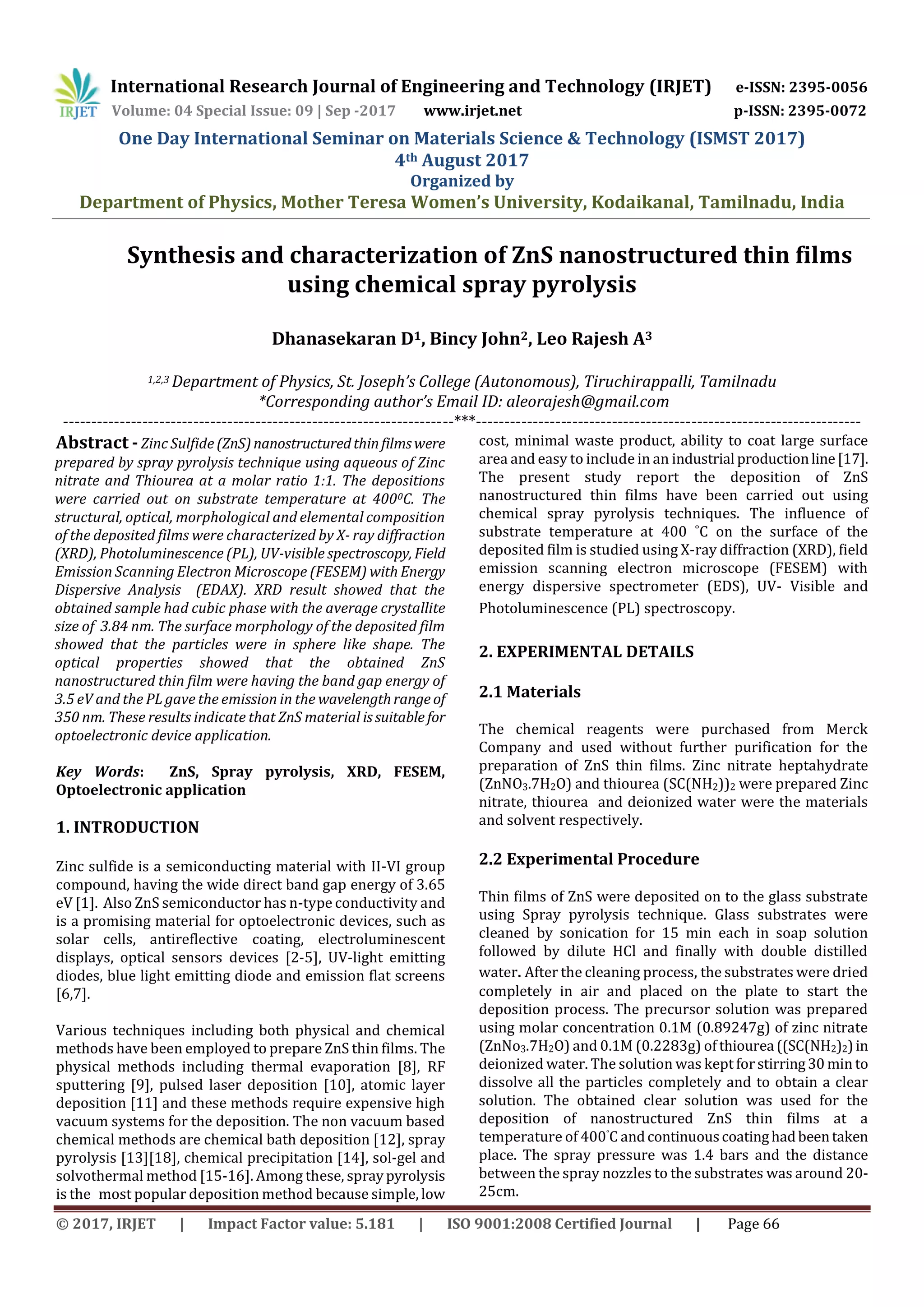Synthesis and Characterization of ZnS Nanostructured Thin Films using ...