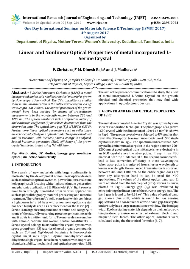 Linear and Nonlinear Optical Properties of Metal Incorporated L-Serine Crystal | PDF