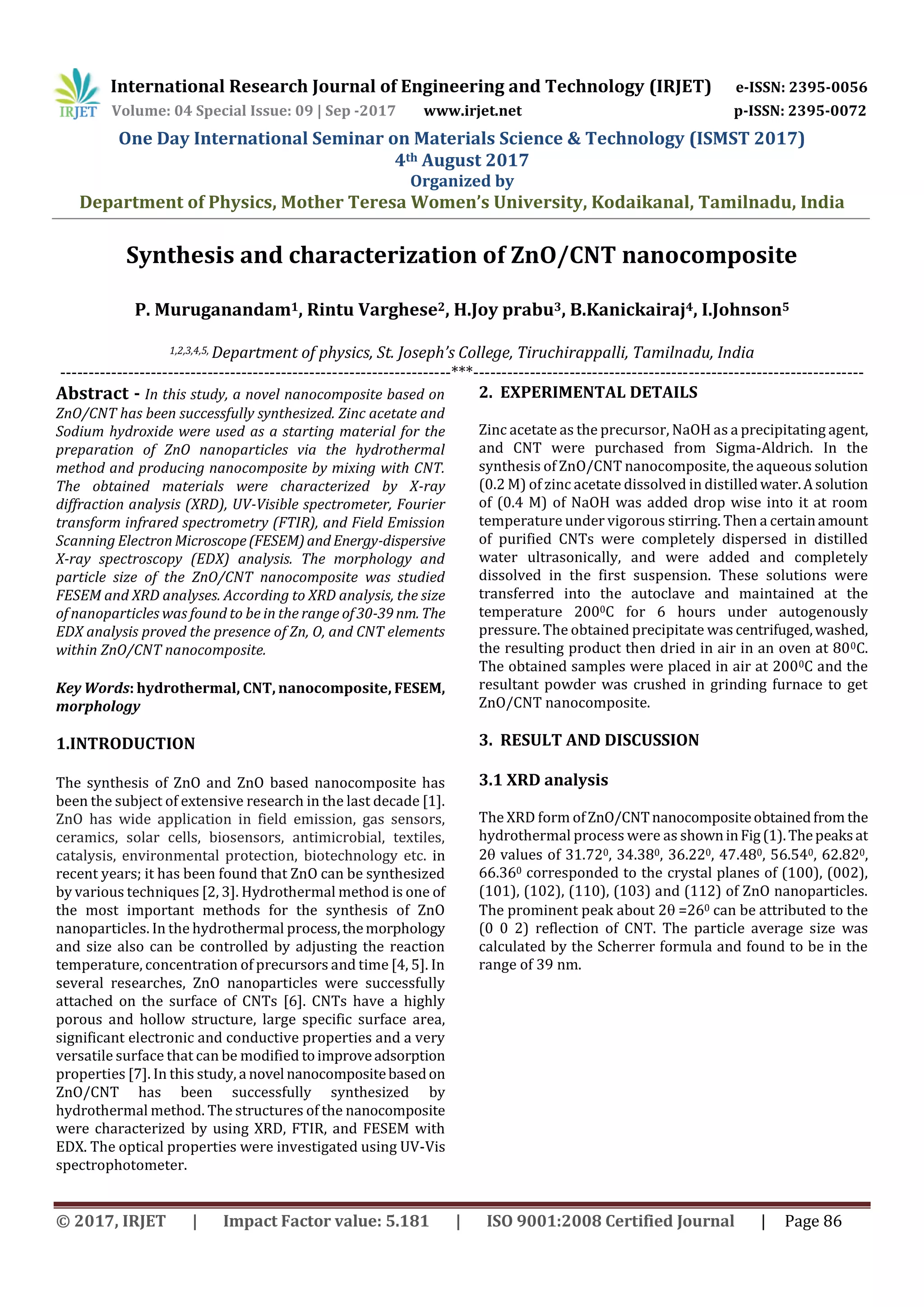 Synthesis and Characterization of ZnO/CNT Nanocomposite | PDF