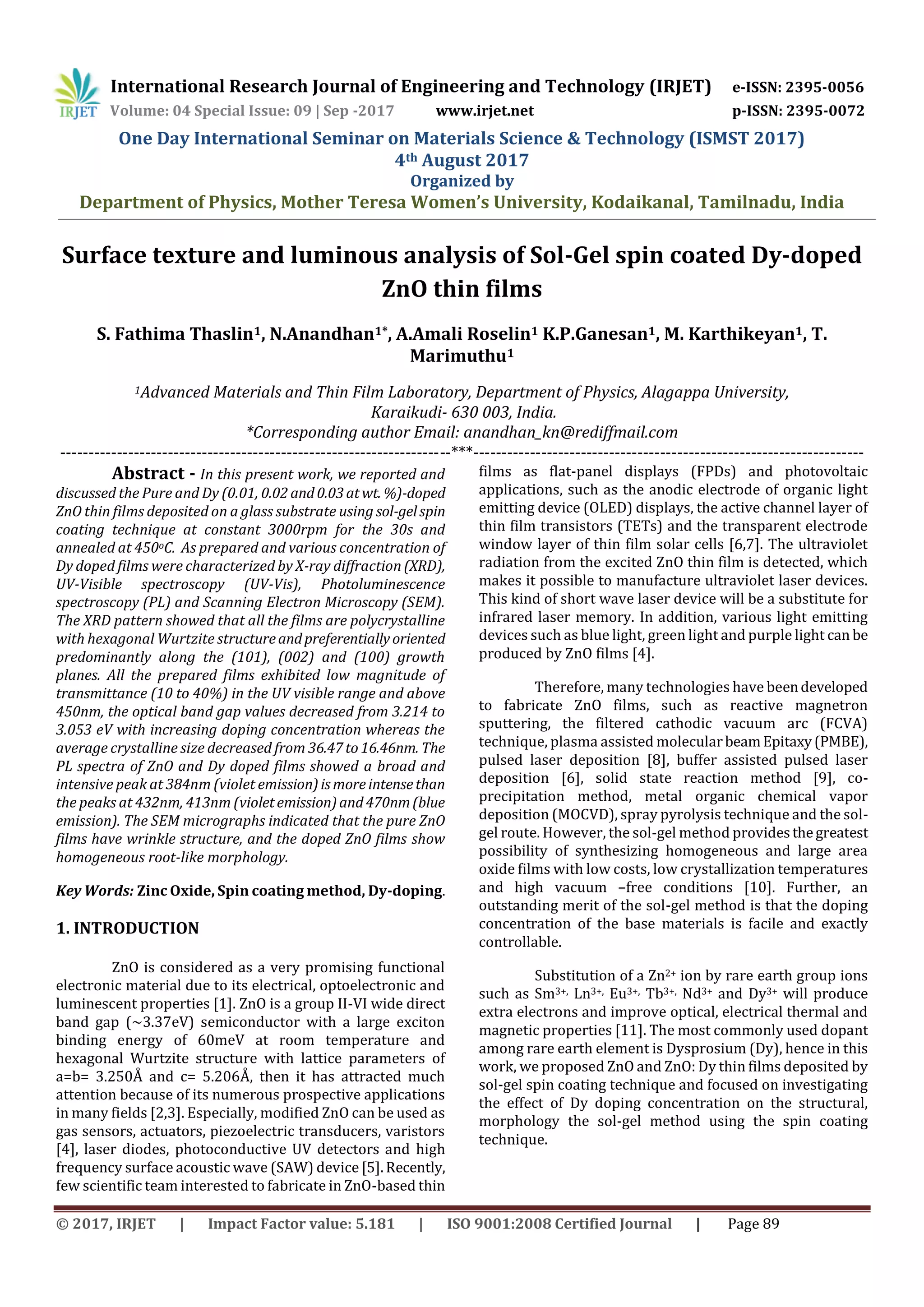 Surface Texture and Luminous Analysis of Sol-Gel Spin Coated Dy-doped ZnO Thin Films | PDF
