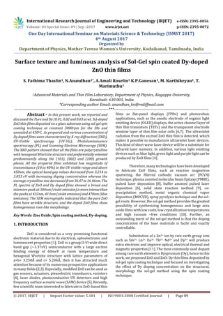 Surface Texture and Luminous Analysis of Sol-Gel Spin Coated Dy-doped ZnO Thin Films | PDF