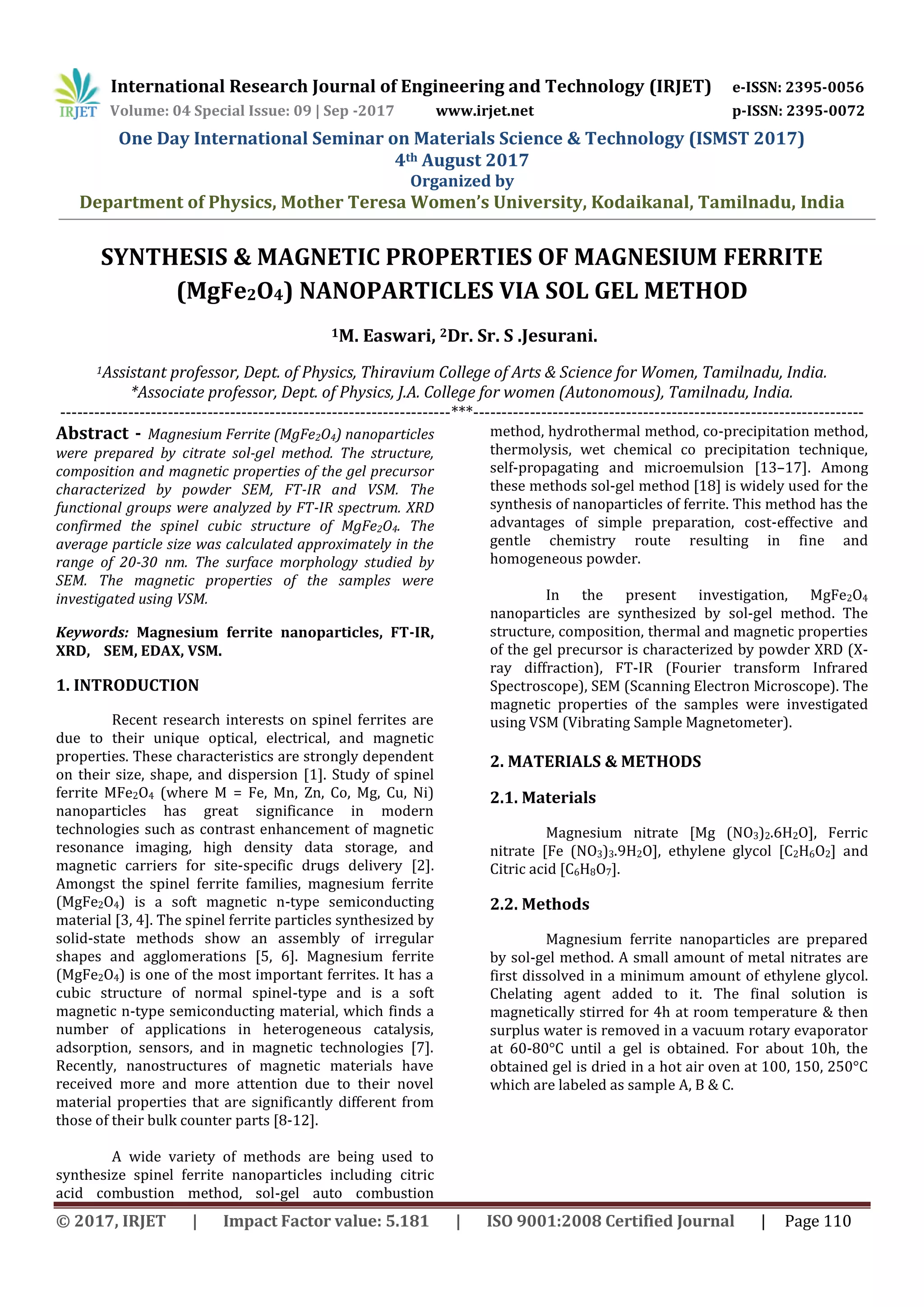 Synthesis & Magnetic Properties of Magnesium Ferrite (MgFe2O4) Nanoparticles Via Sol Gel Method ...