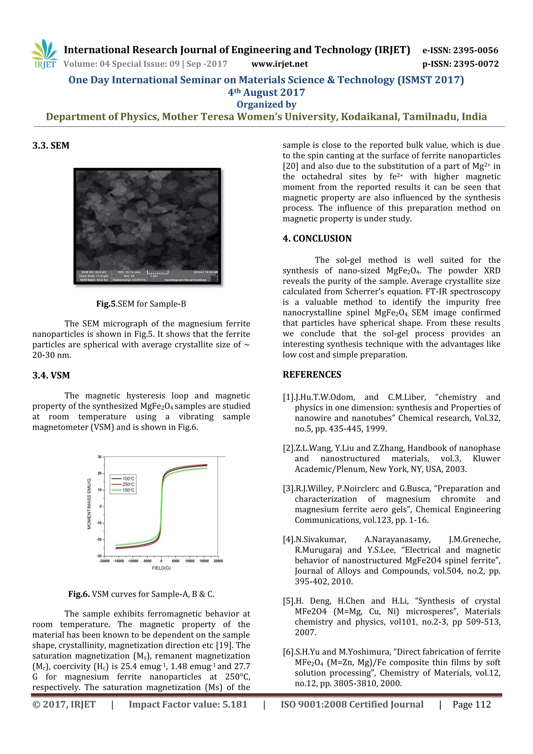 Synthesis & Magnetic Properties of Magnesium Ferrite (MgFe2O4) Nanoparticles Via Sol Gel Method ...