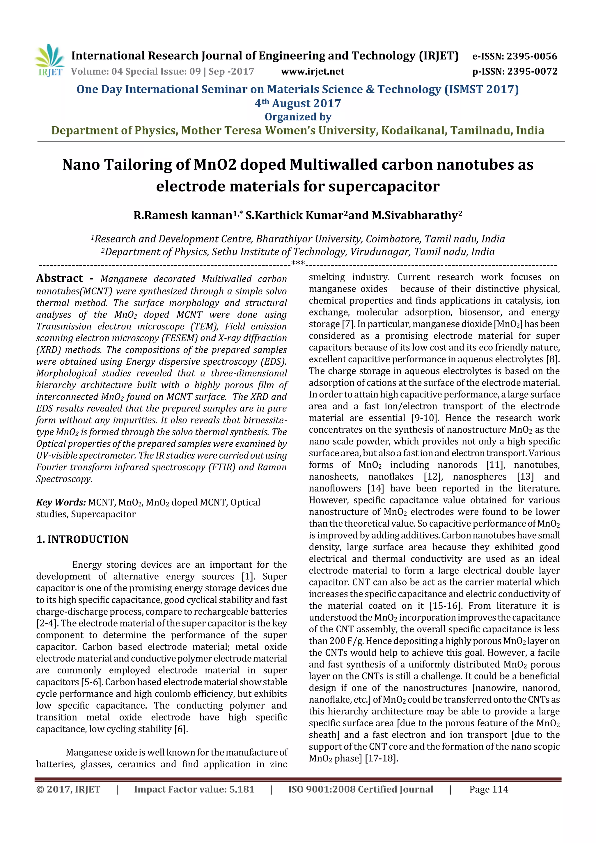 Nano Tailoring of MnO2 Doped Multiwalled Carbon Nanotubes as Electrode ...