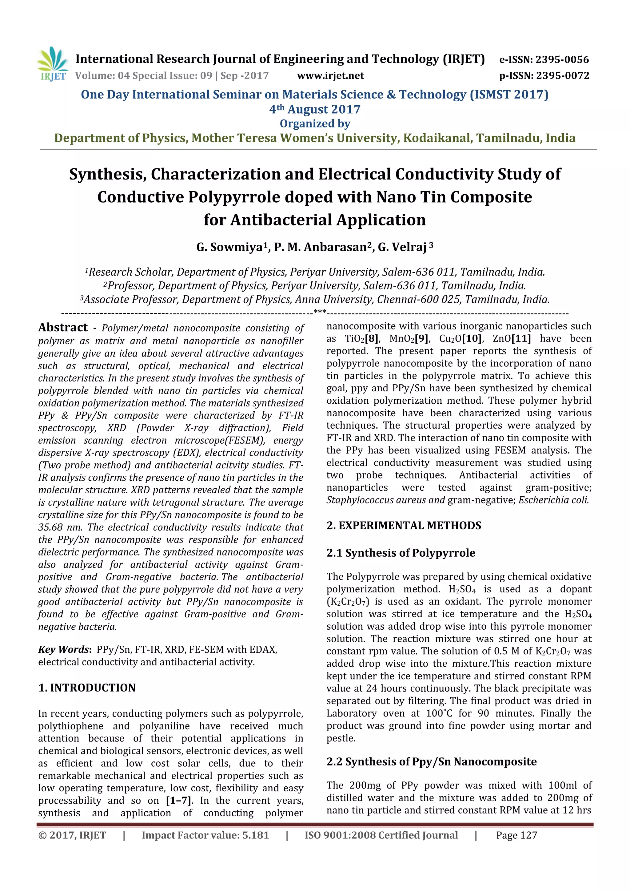 Synthesis, Characterization and Electrical Conductivity Study of ...
