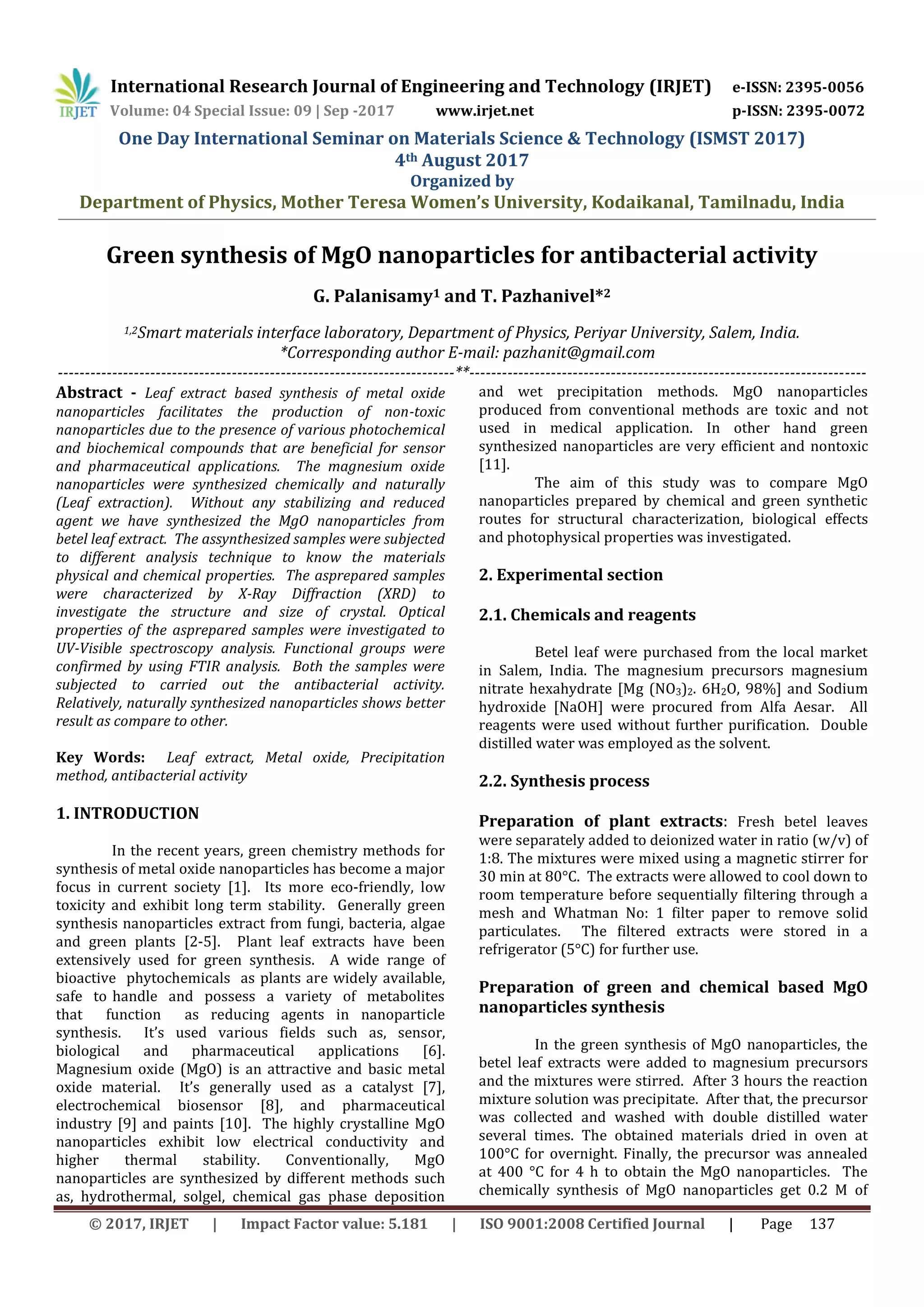 Green Synthesis of MgO Nanoparticles for Antibacterial Activity | PDF