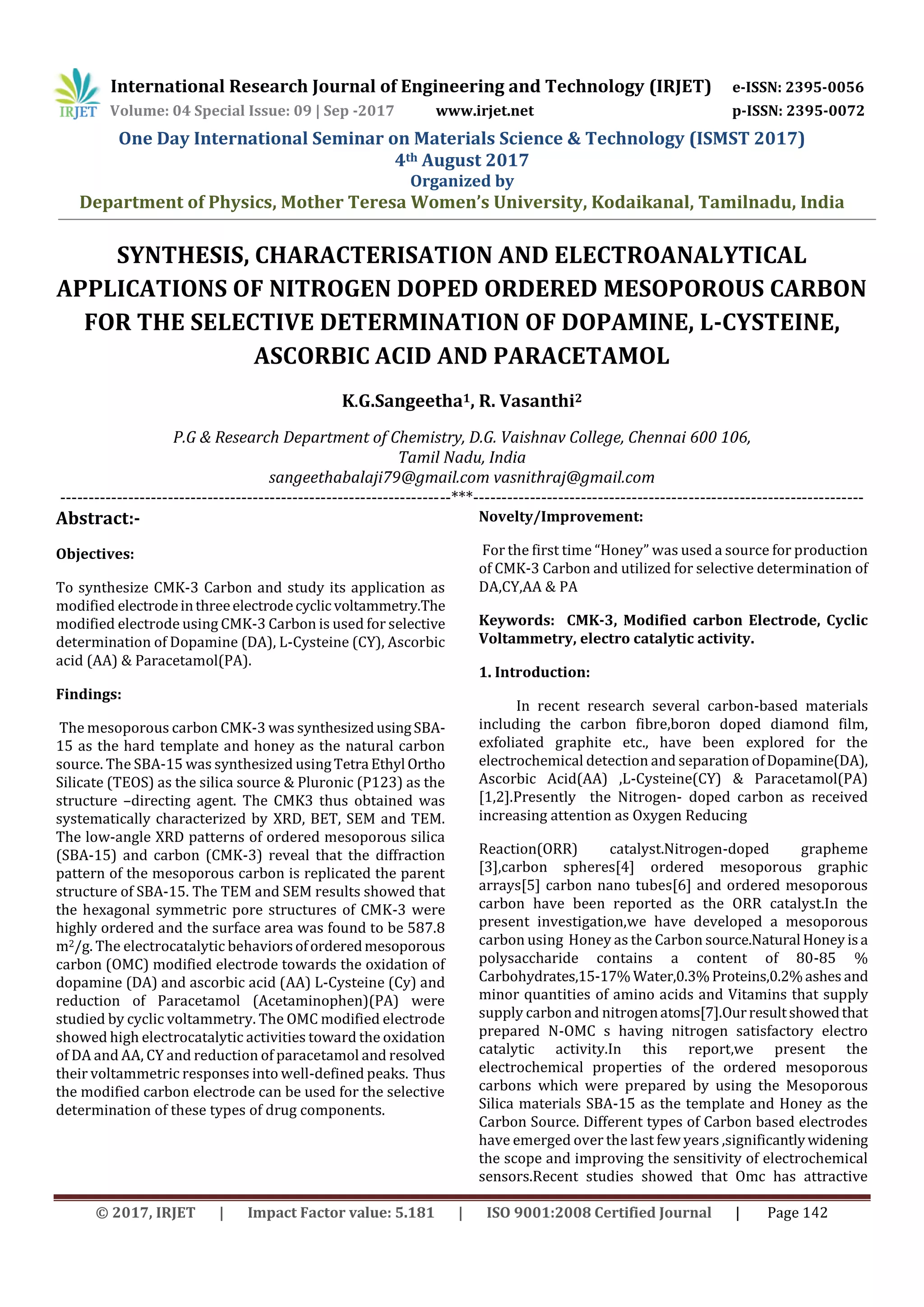 Synthesis Characterization And Electro Analytical Applications Of