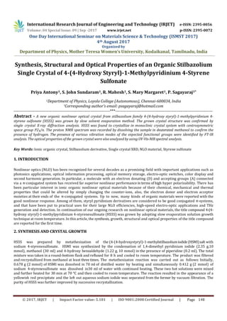 Synthesis, Structural and Optical Properties of an Organic Stilbazolium Single Crystal of 4-(4 ...