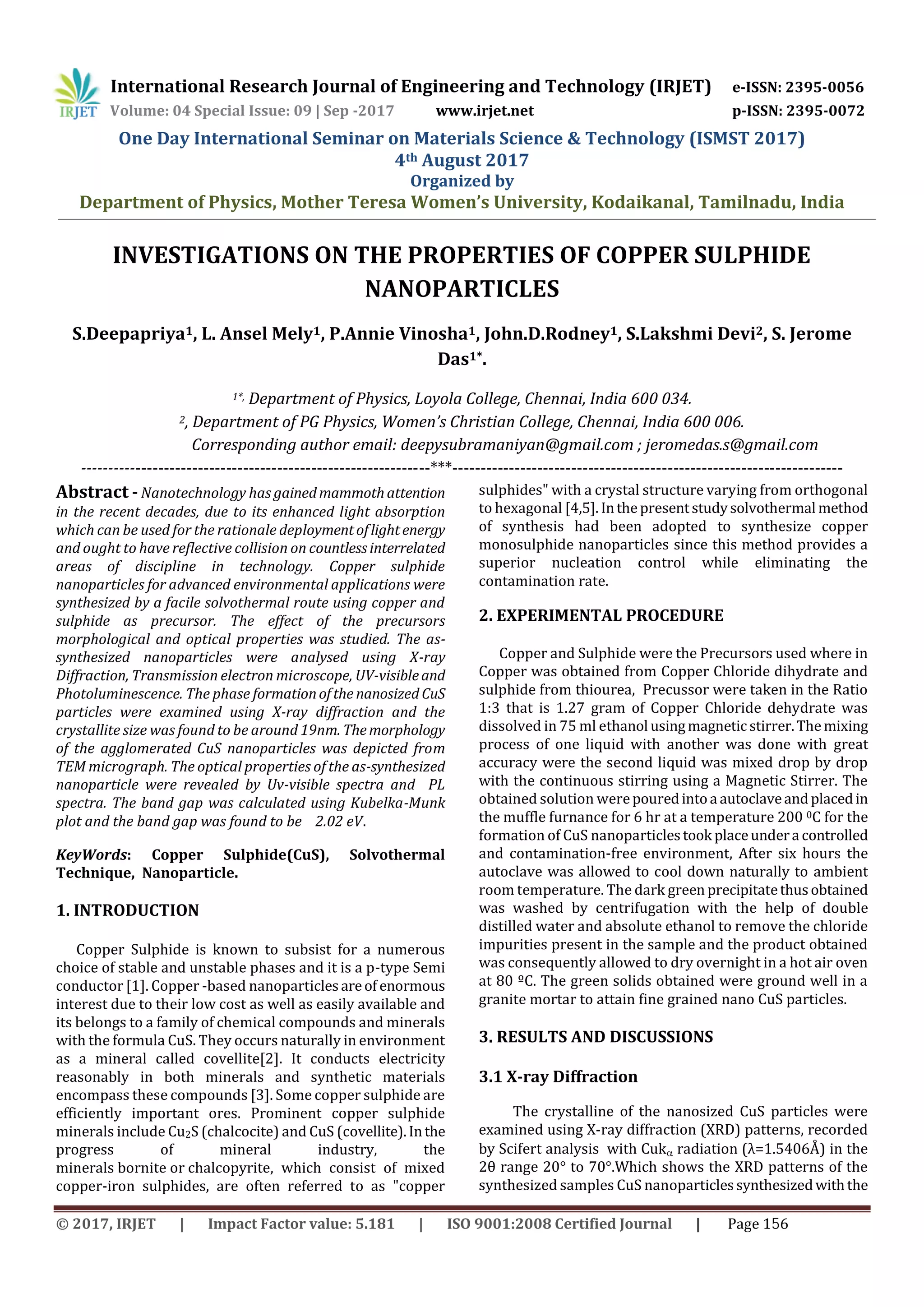 Investigations on the Properties of Copper Sulphide Nanoparticles | PDF