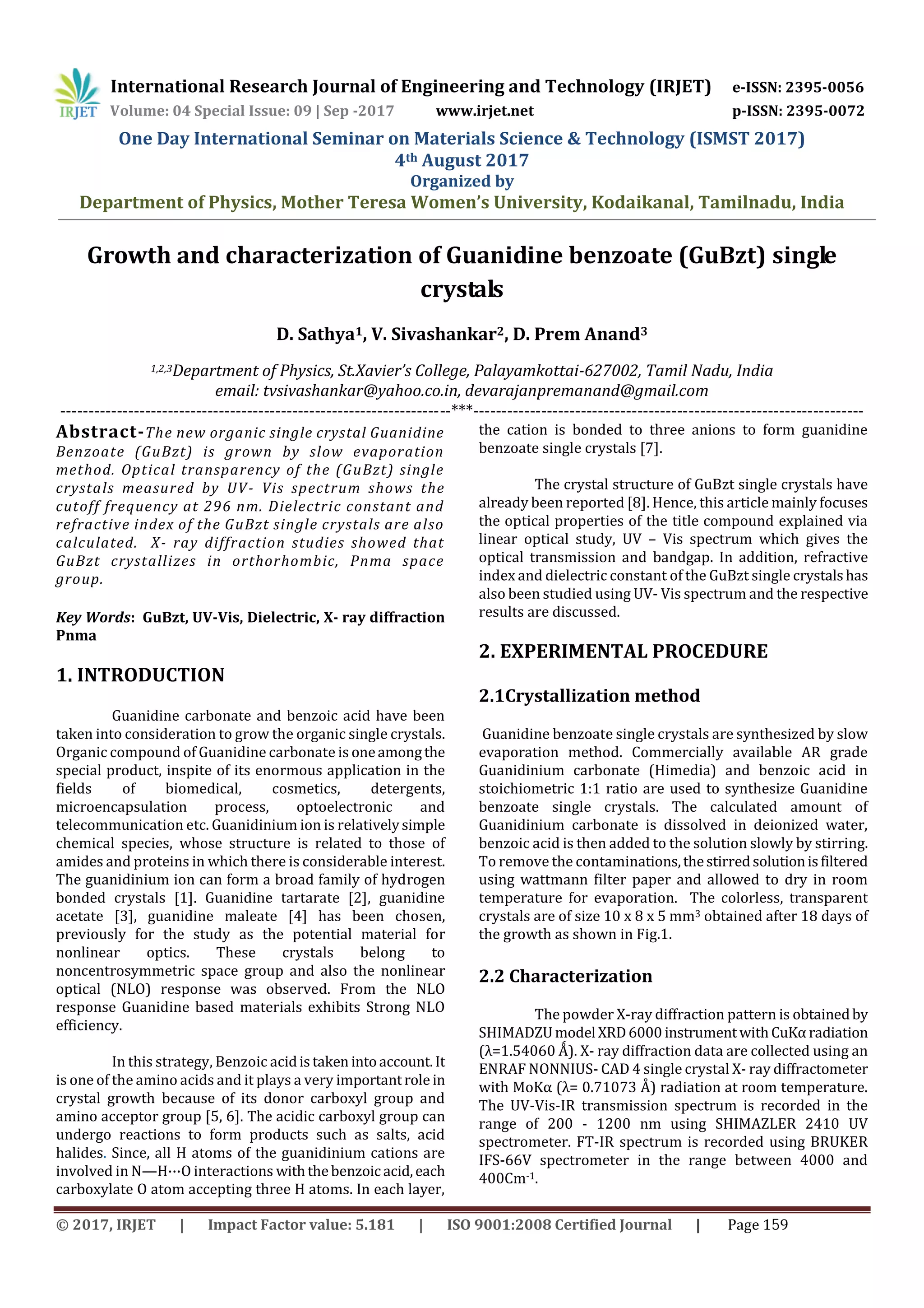 Growth and Characterization of Guanidine Benzoate (GuBzt) Single ...