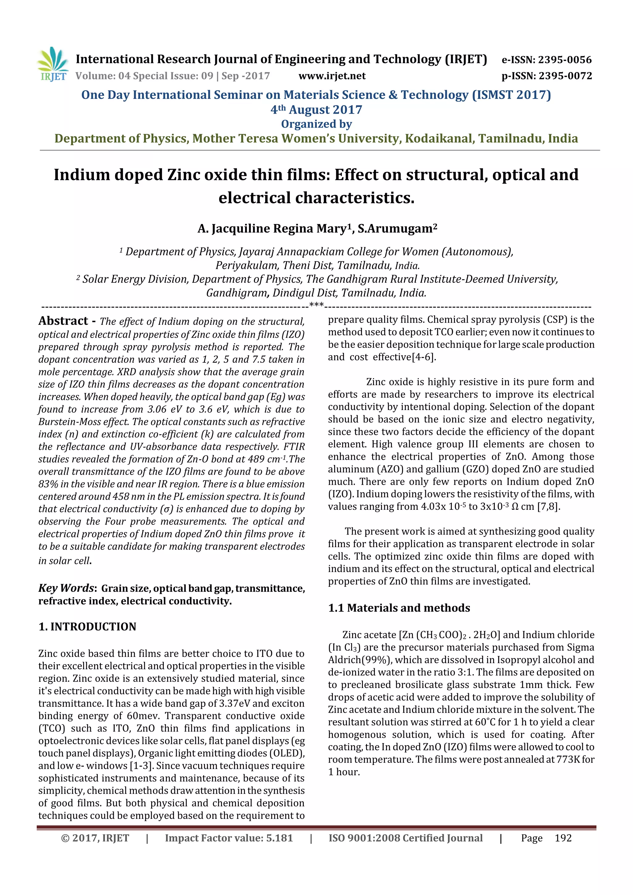 Indium Doped Zinc Oxide Thin Films: Effect on Structural, Optical and Electrical Characteristics ...