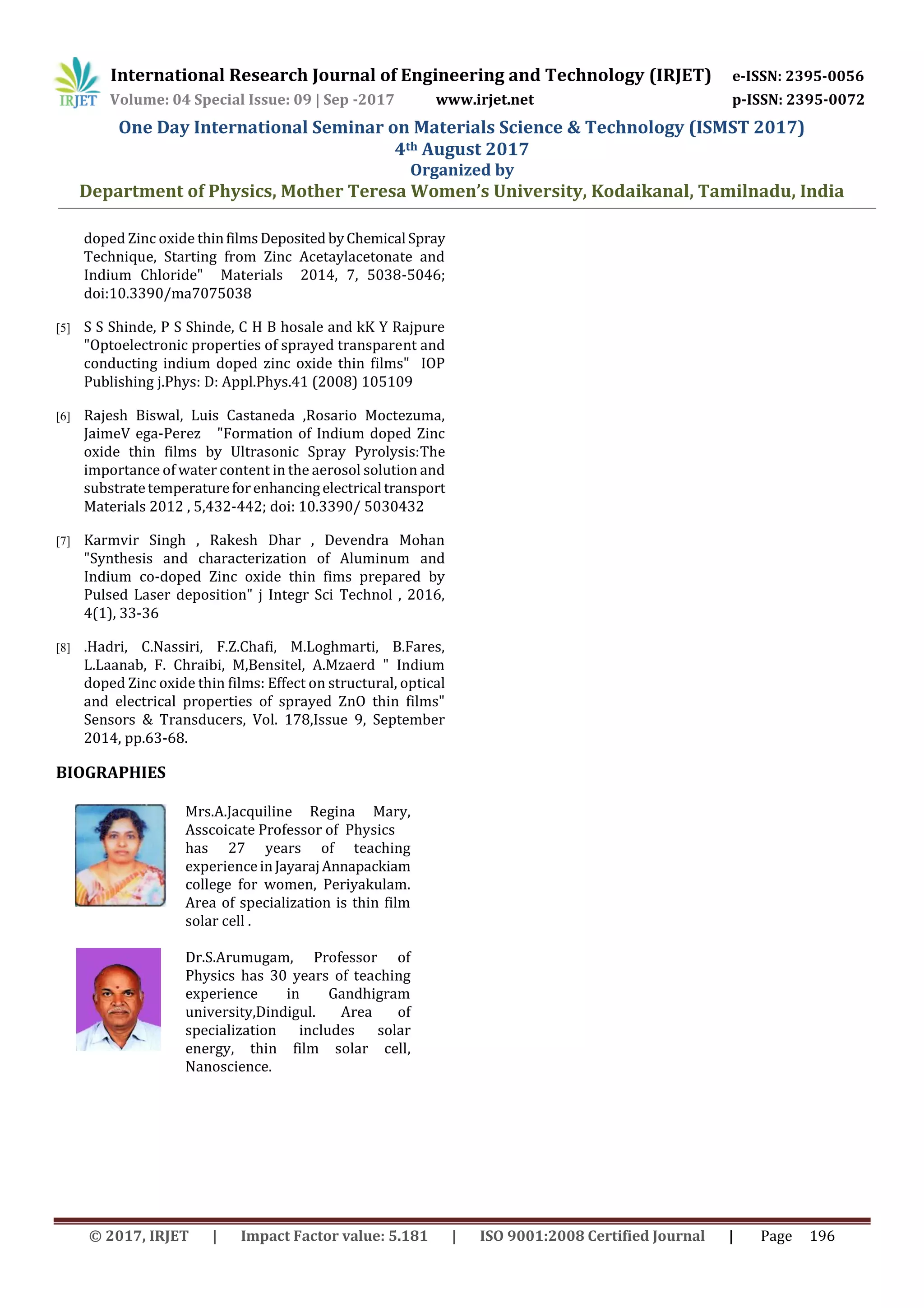Indium Doped Zinc Oxide Thin Films: Effect on Structural, Optical and Electrical Characteristics ...