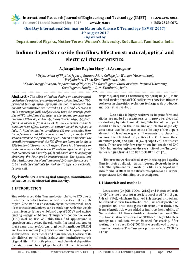 Indium Doped Zinc Oxide Thin Films: Effect on Structural, Optical and Electrical Characteristics ...