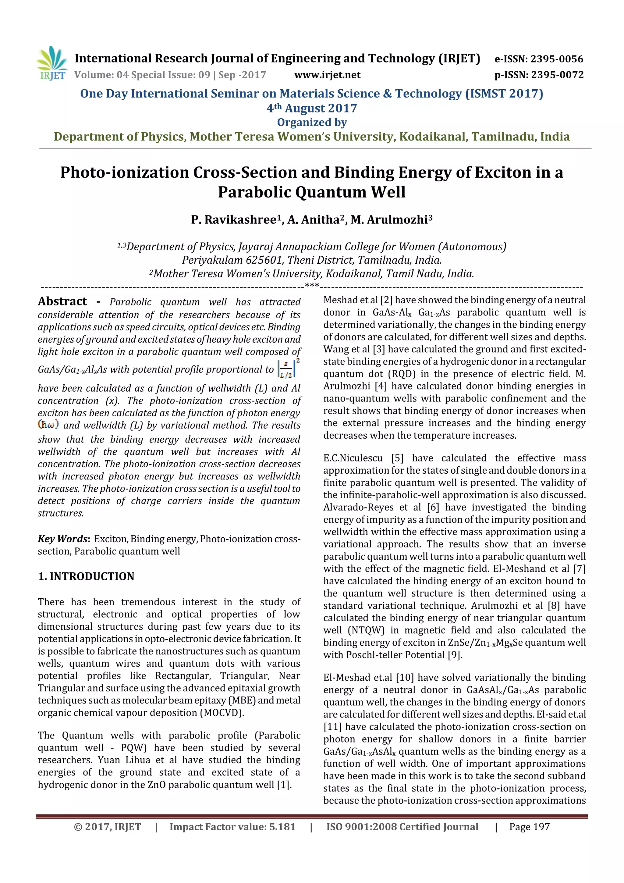 Photo-Ionization Cross-Section and Binding Energy of Exciton in a Parabolic Quantum Well | PDF