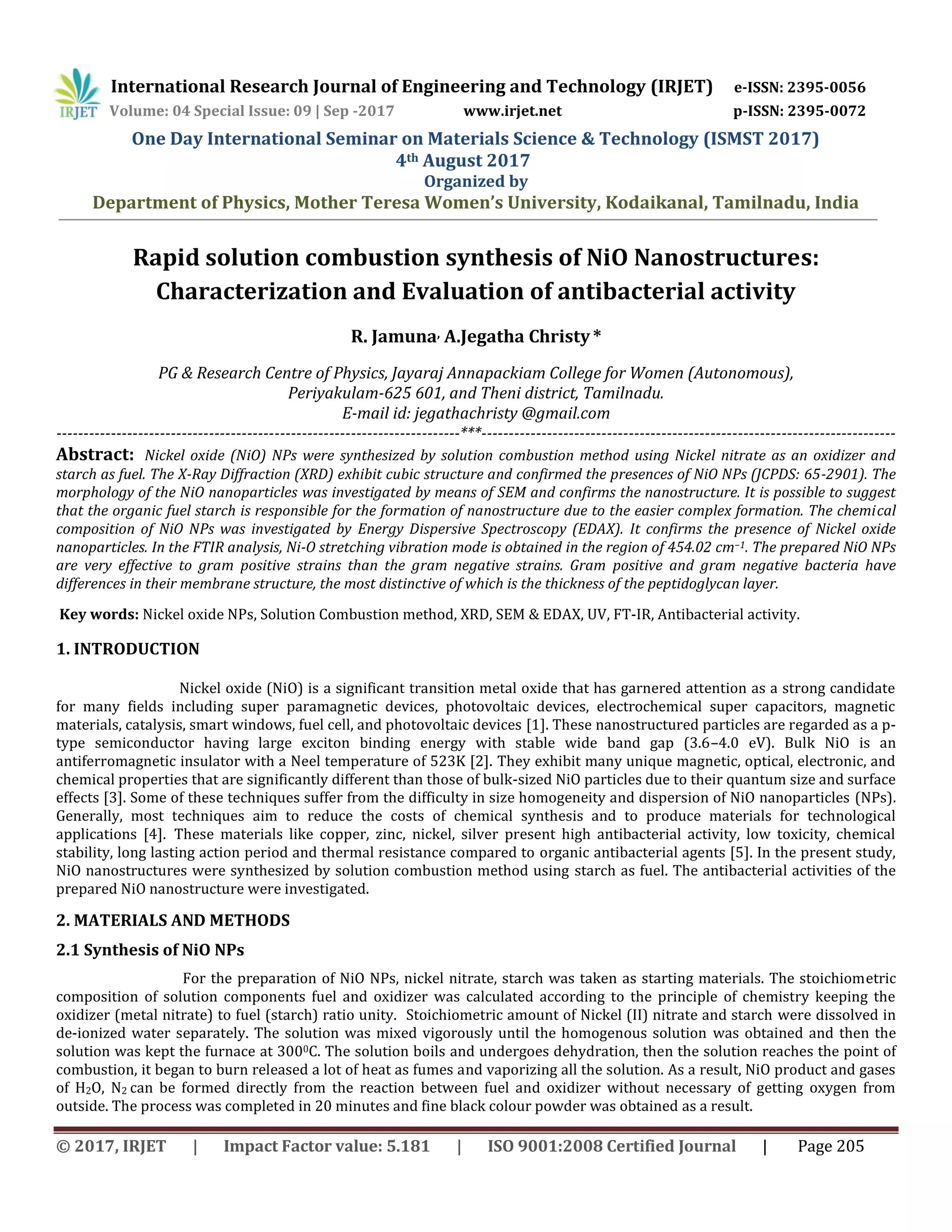 Rapid Solution Combustion Synthesis of NiO Nanostructures: Characterization and Evaluation of ...