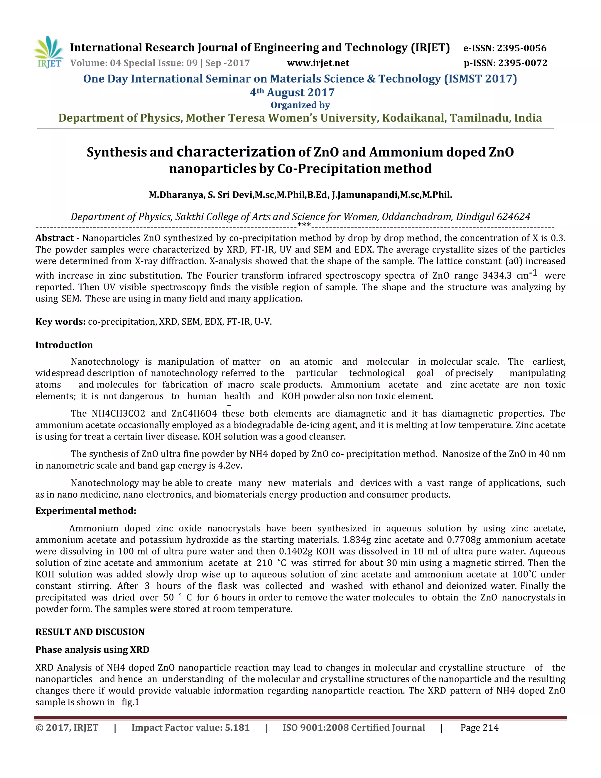 Synthesis and Characterization of ZnO and Ammonium Doped ZnO Nanoparticles by Co-Precipitation ...
