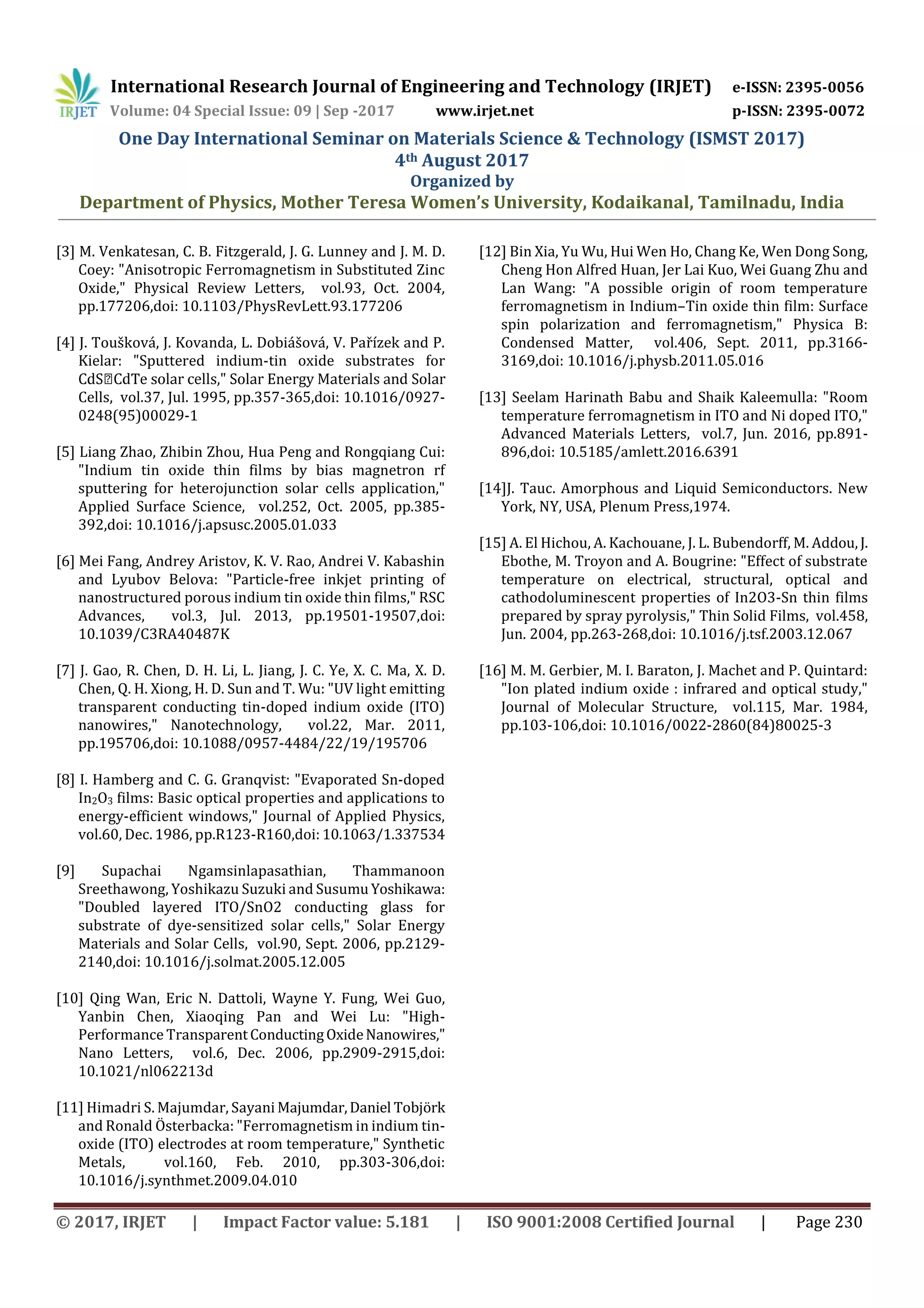 Structural and Optical Properties of Electron Beam Evaporated ITO and Ni: ITO Thin Films | PDF