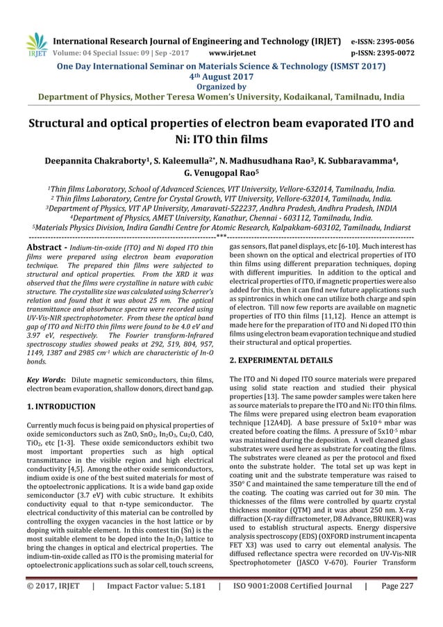 Structural and Optical Properties of Electron Beam Evaporated ITO and Ni: ITO Thin Films | PDF