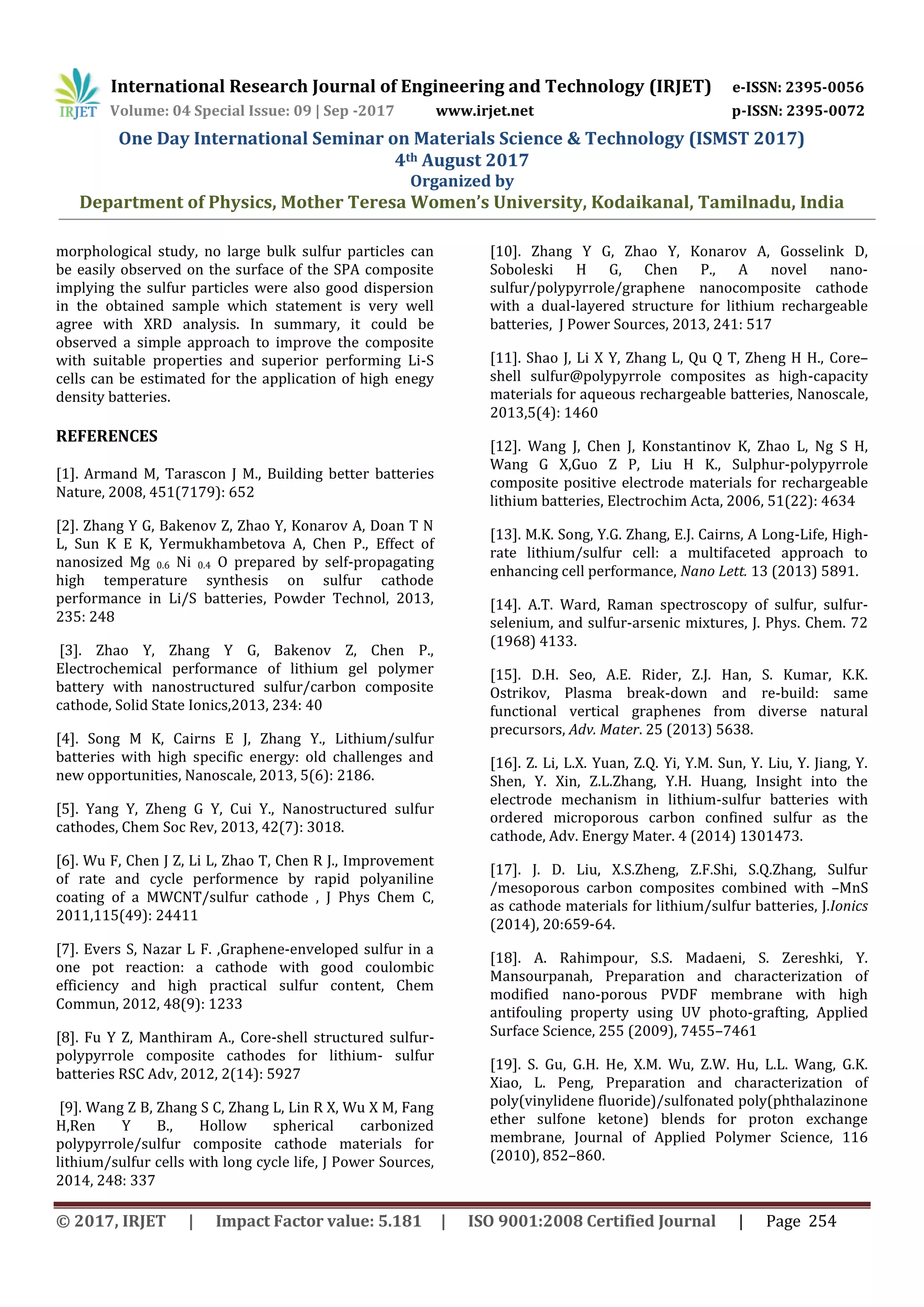 Studies on Sulfur Based Ternary Composite Cathode Material for Lithium ...