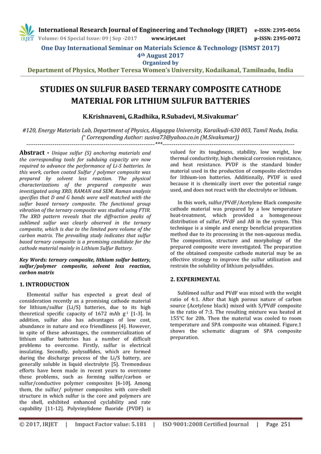 Studies on Sulfur Based Ternary Composite Cathode Material for Lithium ...