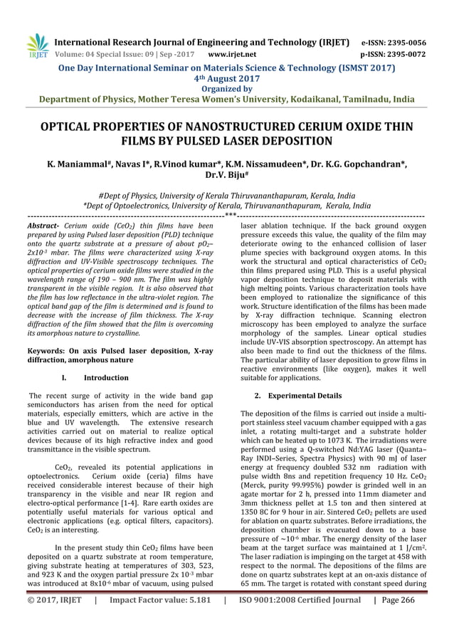 Optical Properties of Nanostructured Cerium Oxide Thin Films by Pulsed Laser Deposition | PDF