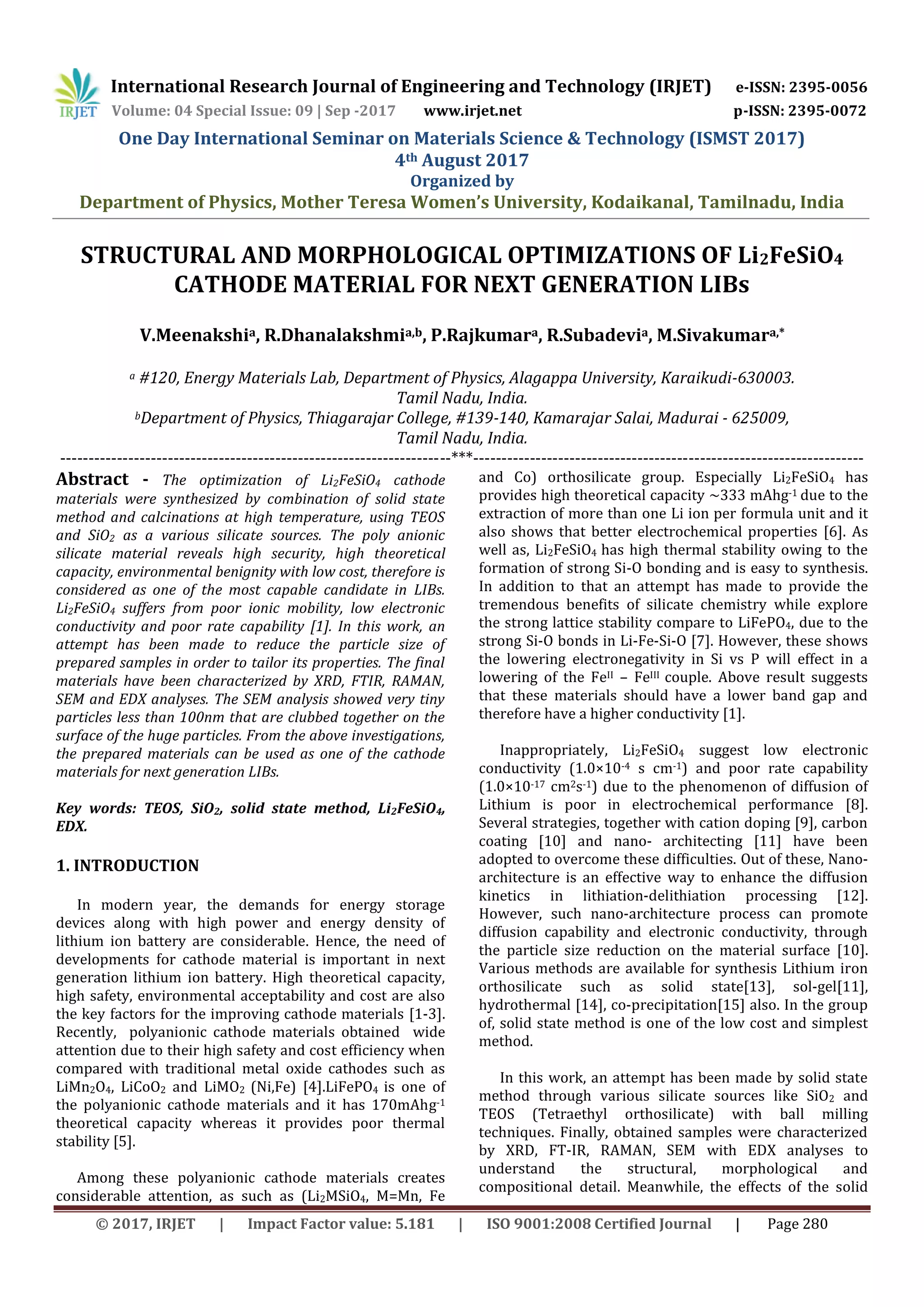 Structural and Morphological Optimizations of Li2FeSio4 Cathode Material for Next Generation ...