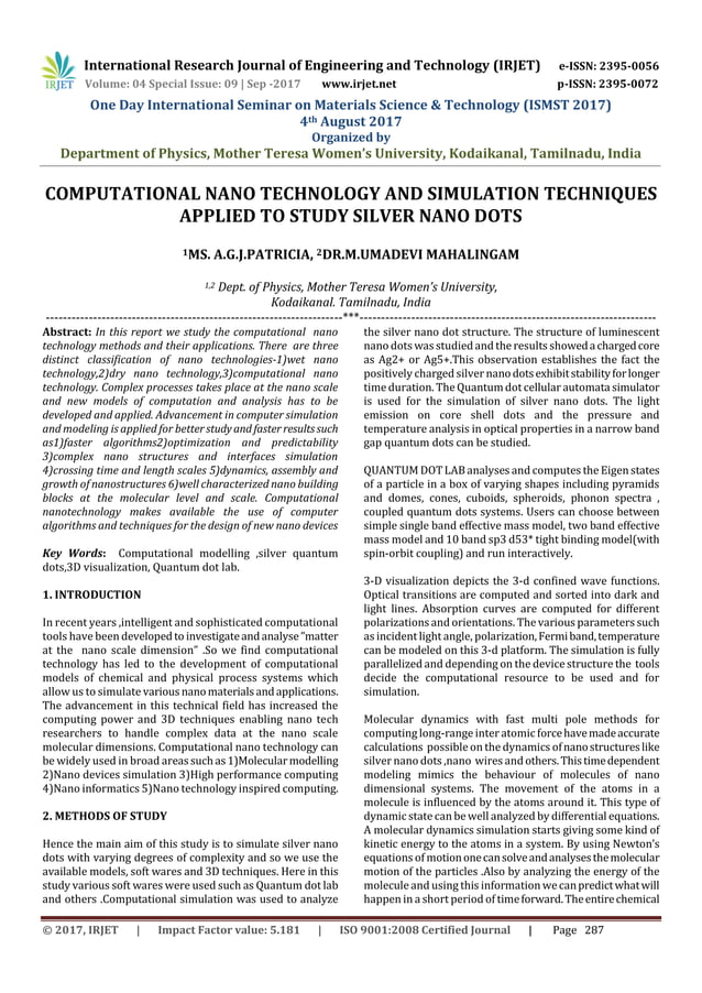 Computational Nano Technology and Simulation Techniques Applied to Study Silver Nano Dots | PDF