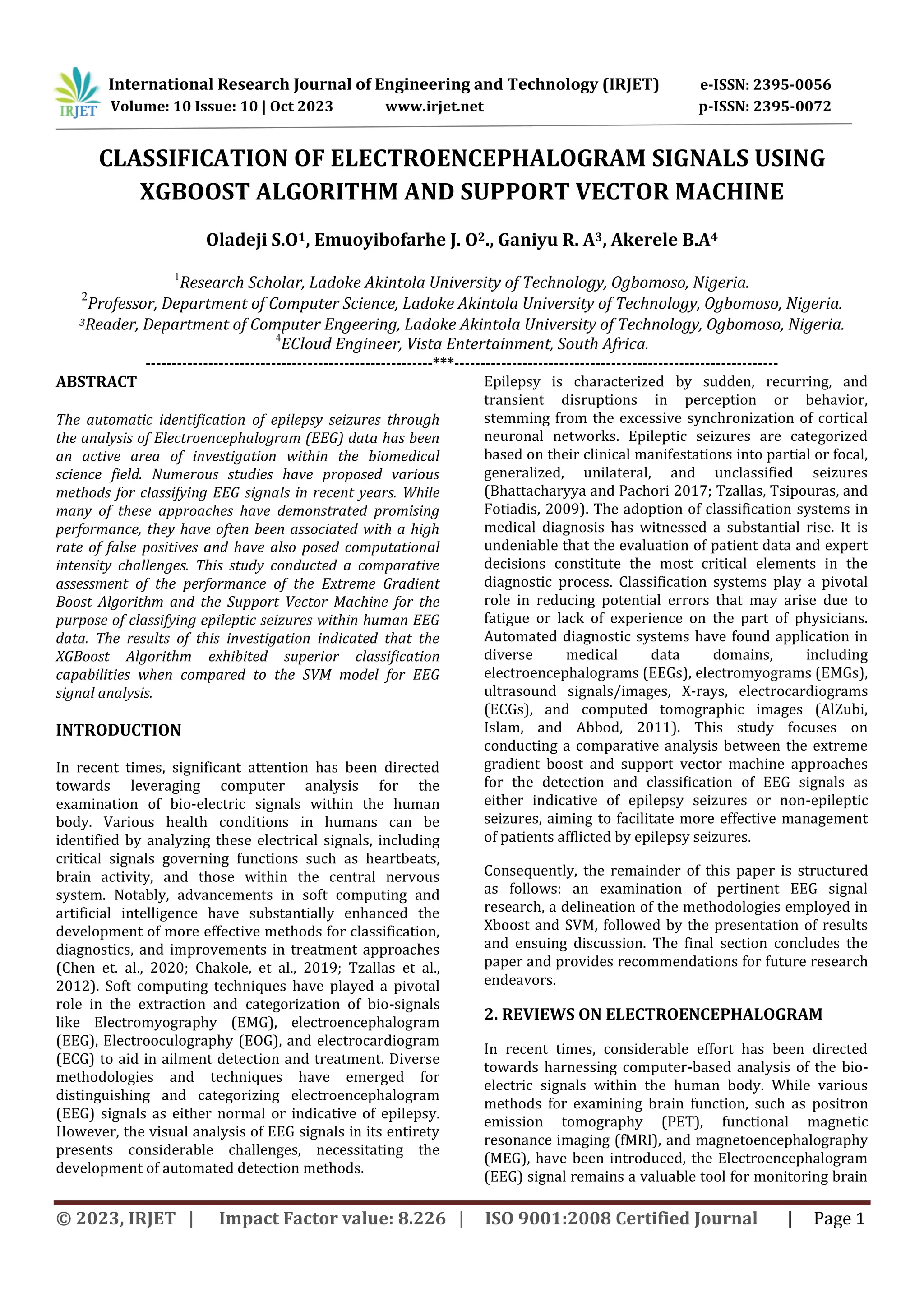 Classification Of Electroencephalogram Signals Using Xgboost Algorithm And Support Vector
