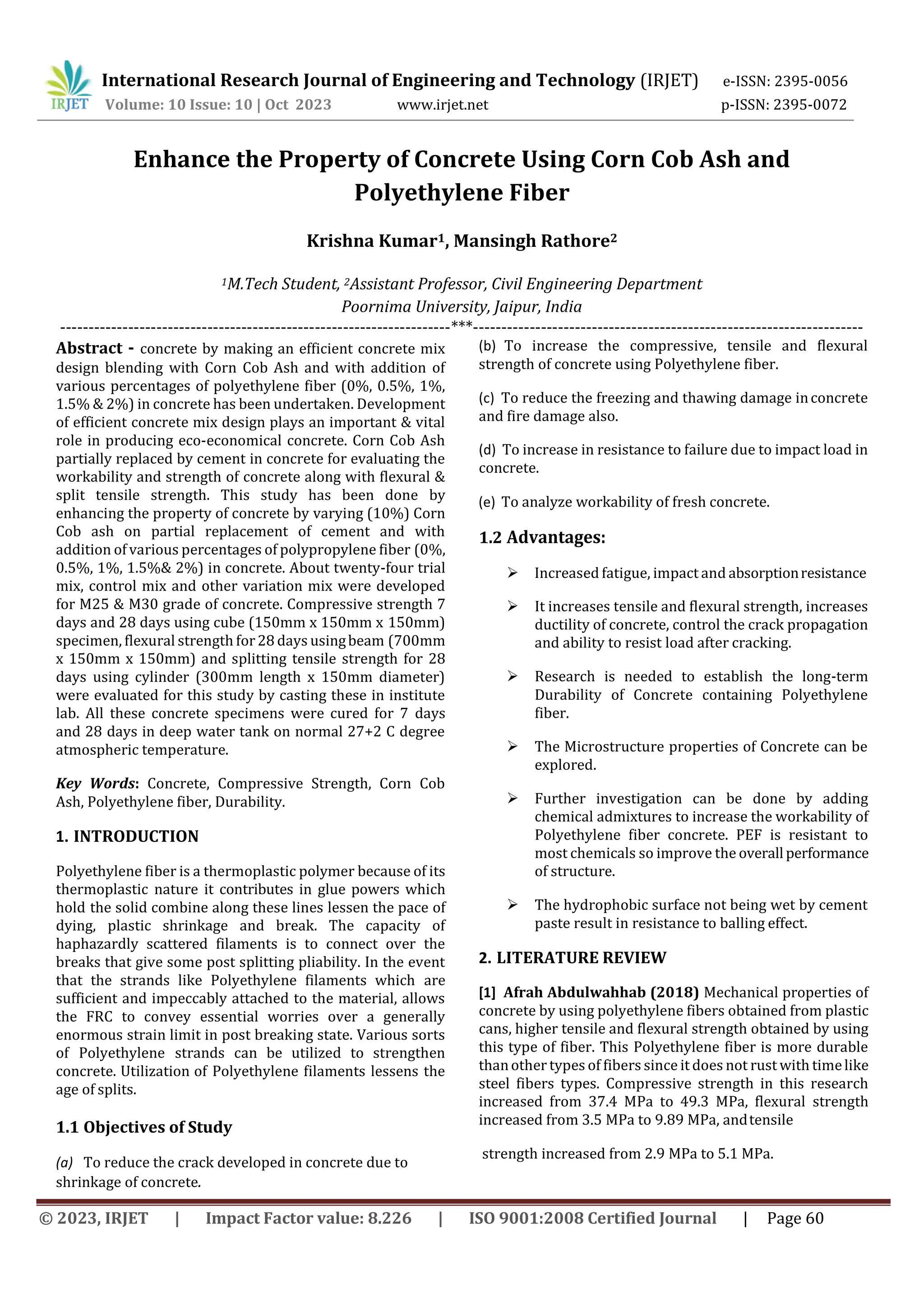 Enhance the Property of Concrete Using Corn Cob Ash and Polyethylene ...