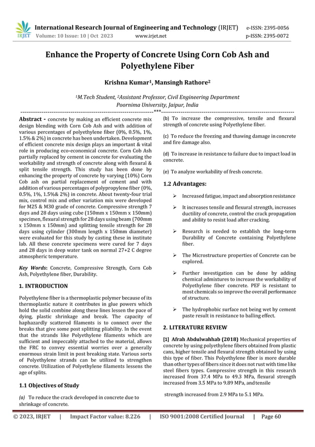 Enhance the Property of Concrete Using Corn Cob Ash and Polyethylene ...
